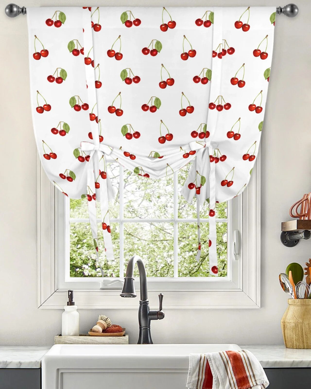 Cherry Fruit Retro Window Curtain for Living Room Kitchen Tie-up Roman ...