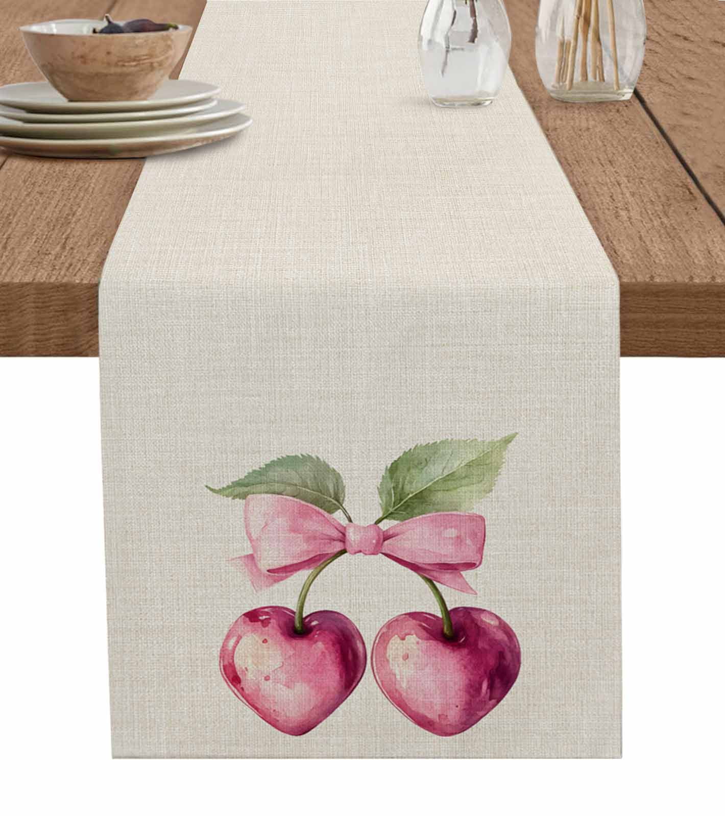 Cherry Fruit Table Runner 60 Inches, Spring Botanicals Bow Idyllic ...
