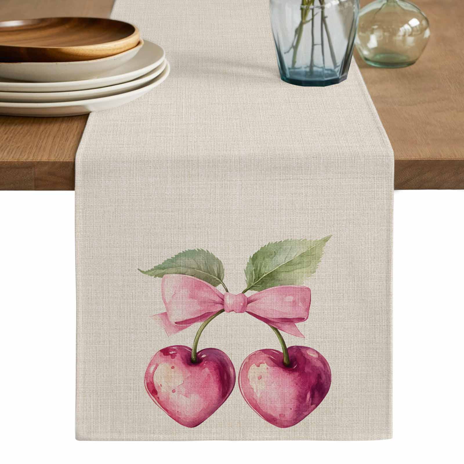 Cherry Fruit Table Runner, Spring Botanicals Bow Idyllic Country Leaf ...