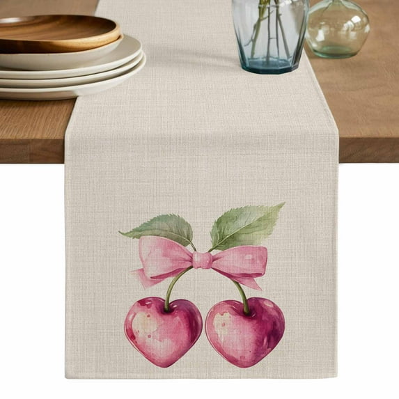 Cherry Fruit Table Runner, Spring Botanicals Bow Idyllic Country Leaf ...