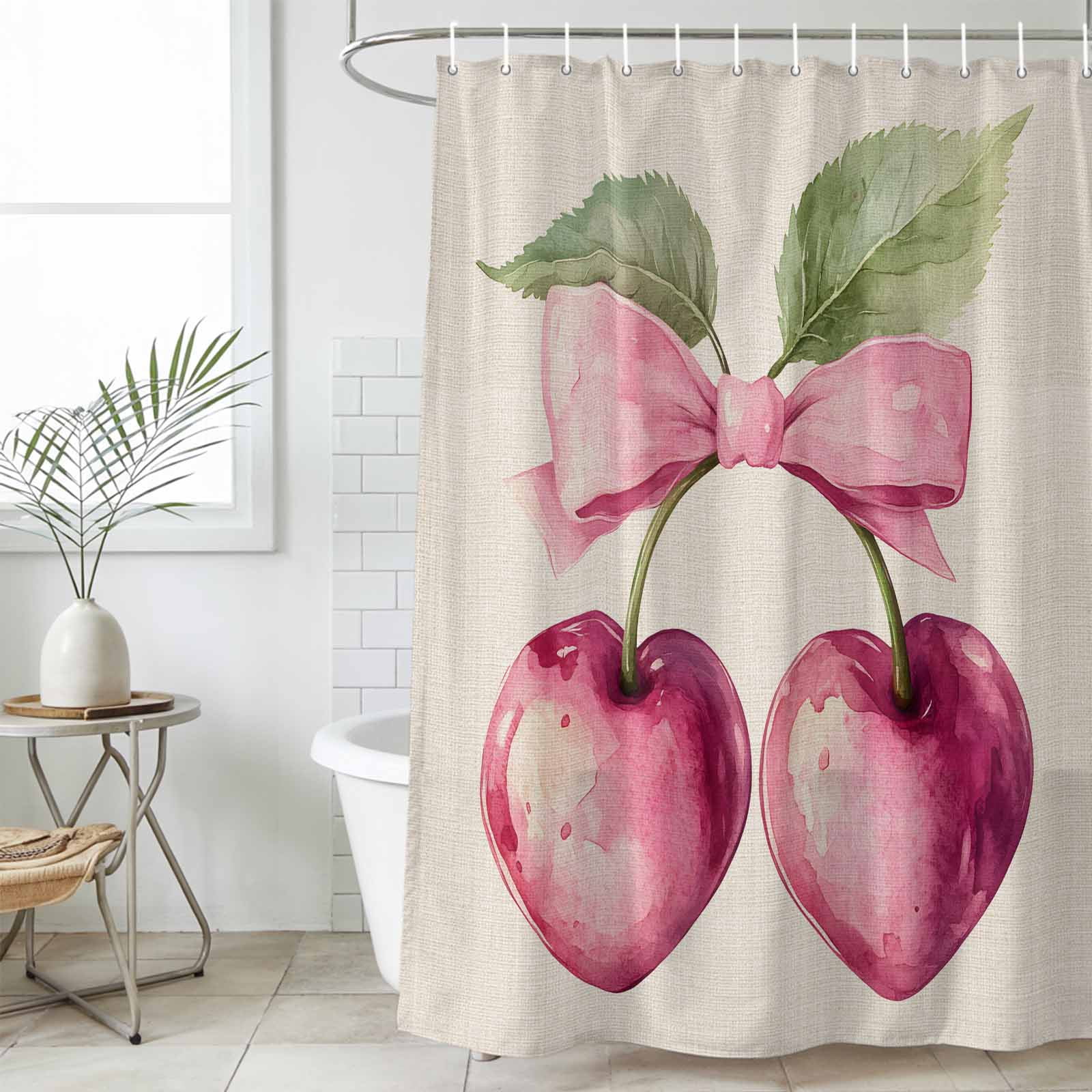 Cherry Fruit Waterproof Fabric Shower Curtain,Spring Botanicals Bow ...
