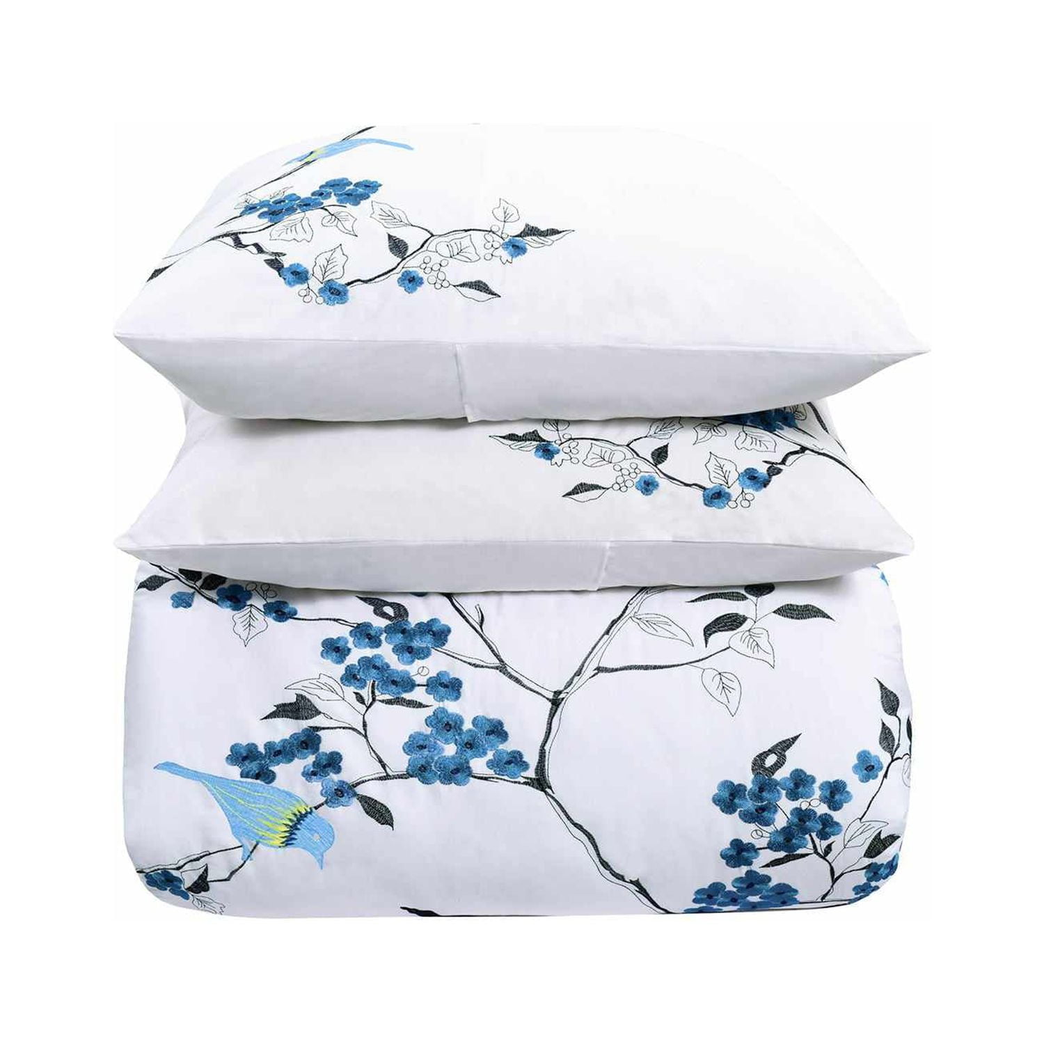 Cherry Garden 100% Cotton Embroidered Floral Bird Duvet Cover Set Blue ...