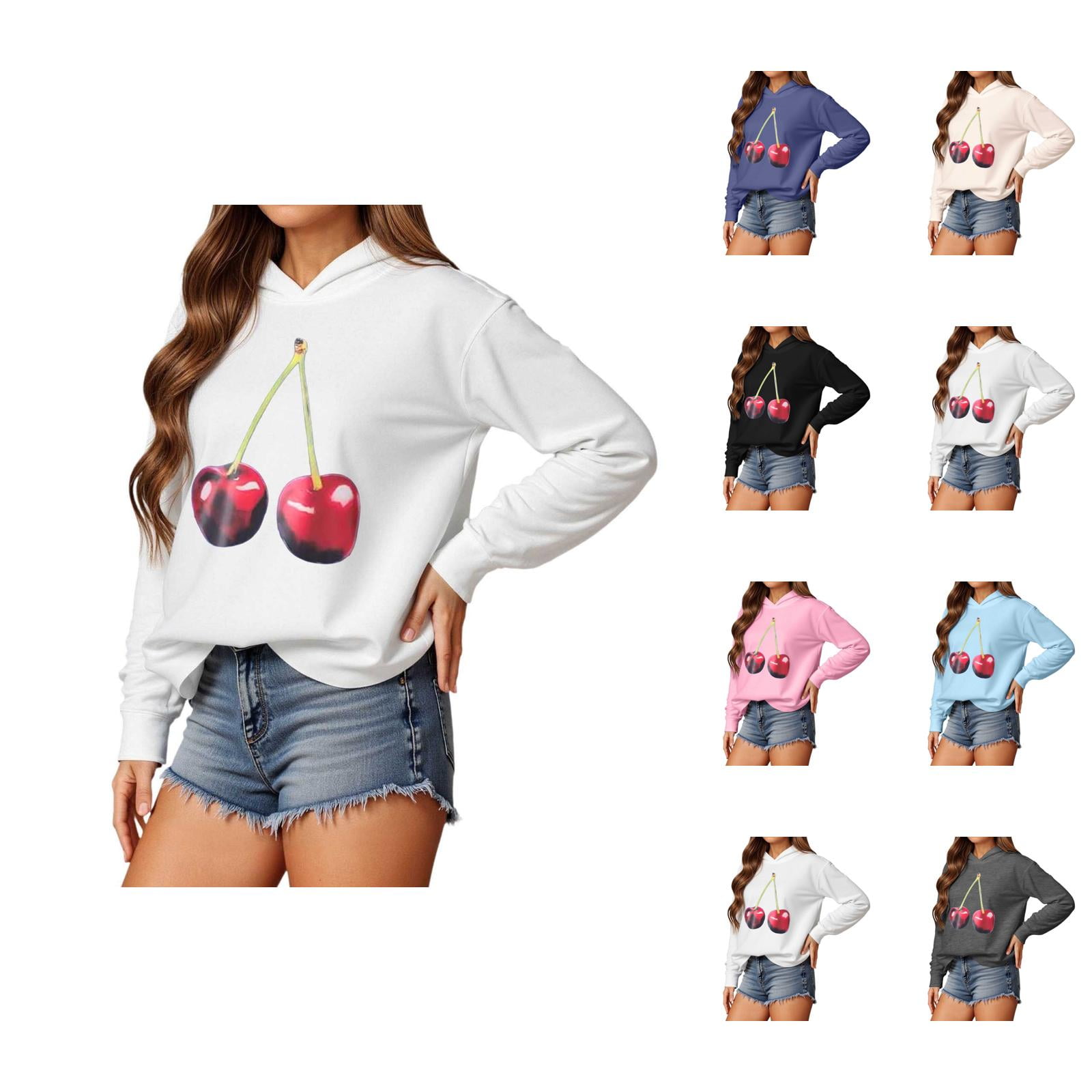 Cherry Graphic Hoodies for Women Fall Winter Long Sleeve Loose Fit ...