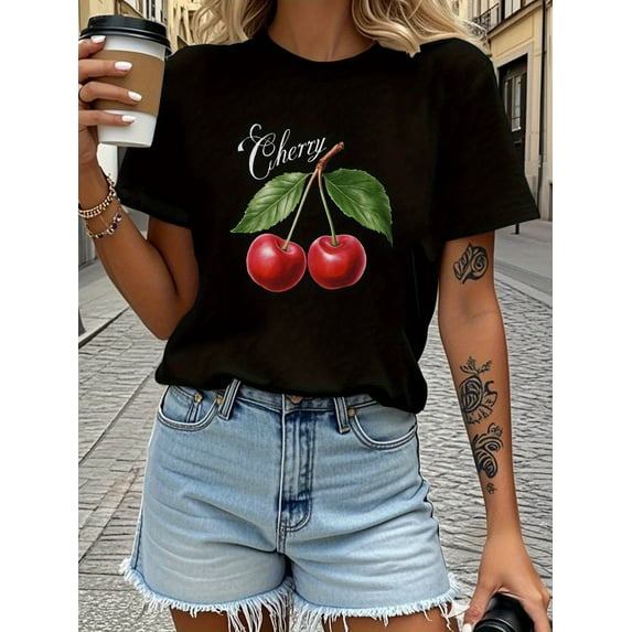 Cherry Graphic Realistic Cherry Design with Leaves Womens Casual Tshirt ...
