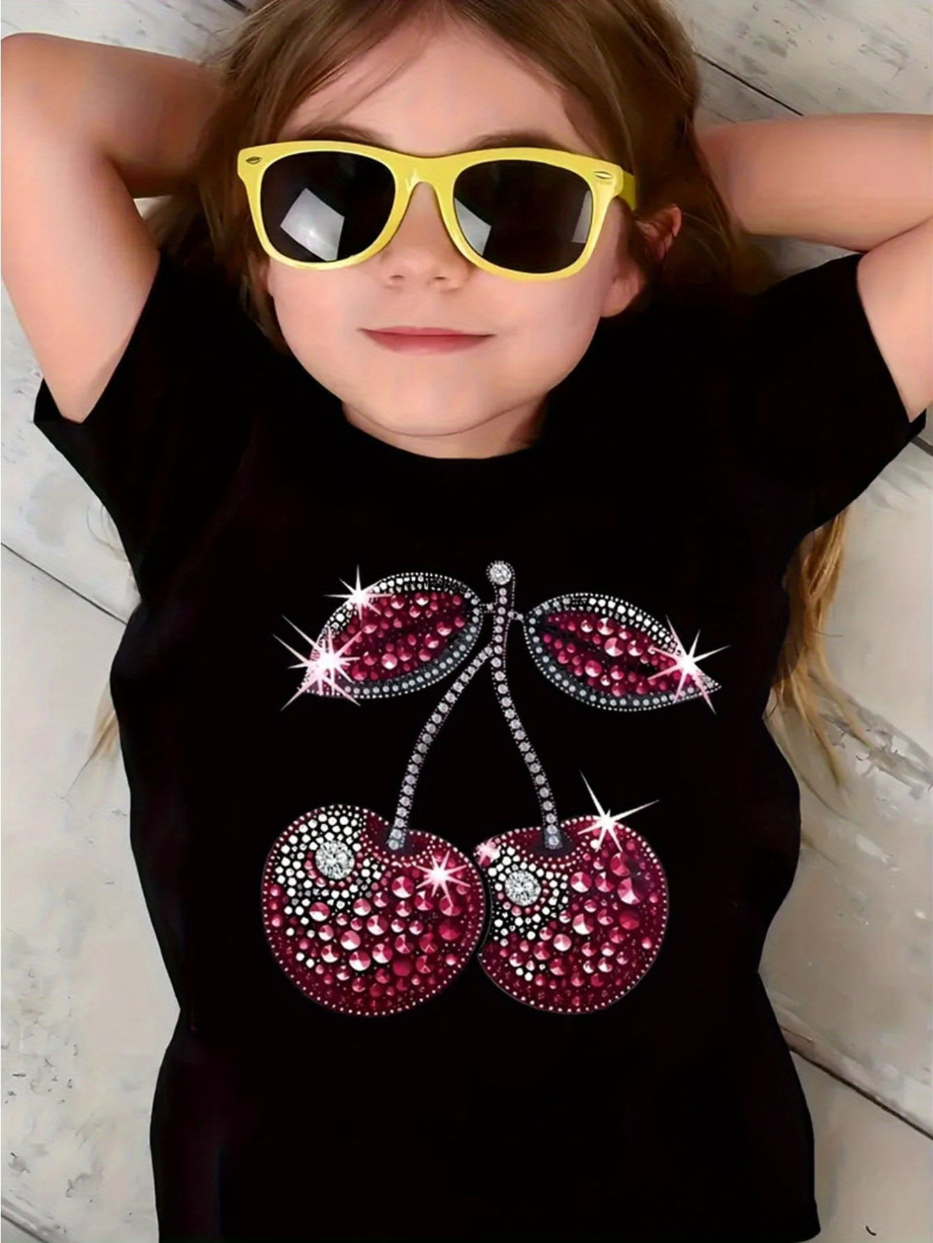 Cherry Graphic T-Shirt for Girls - Short Sleeve Tee with Sparkling ...