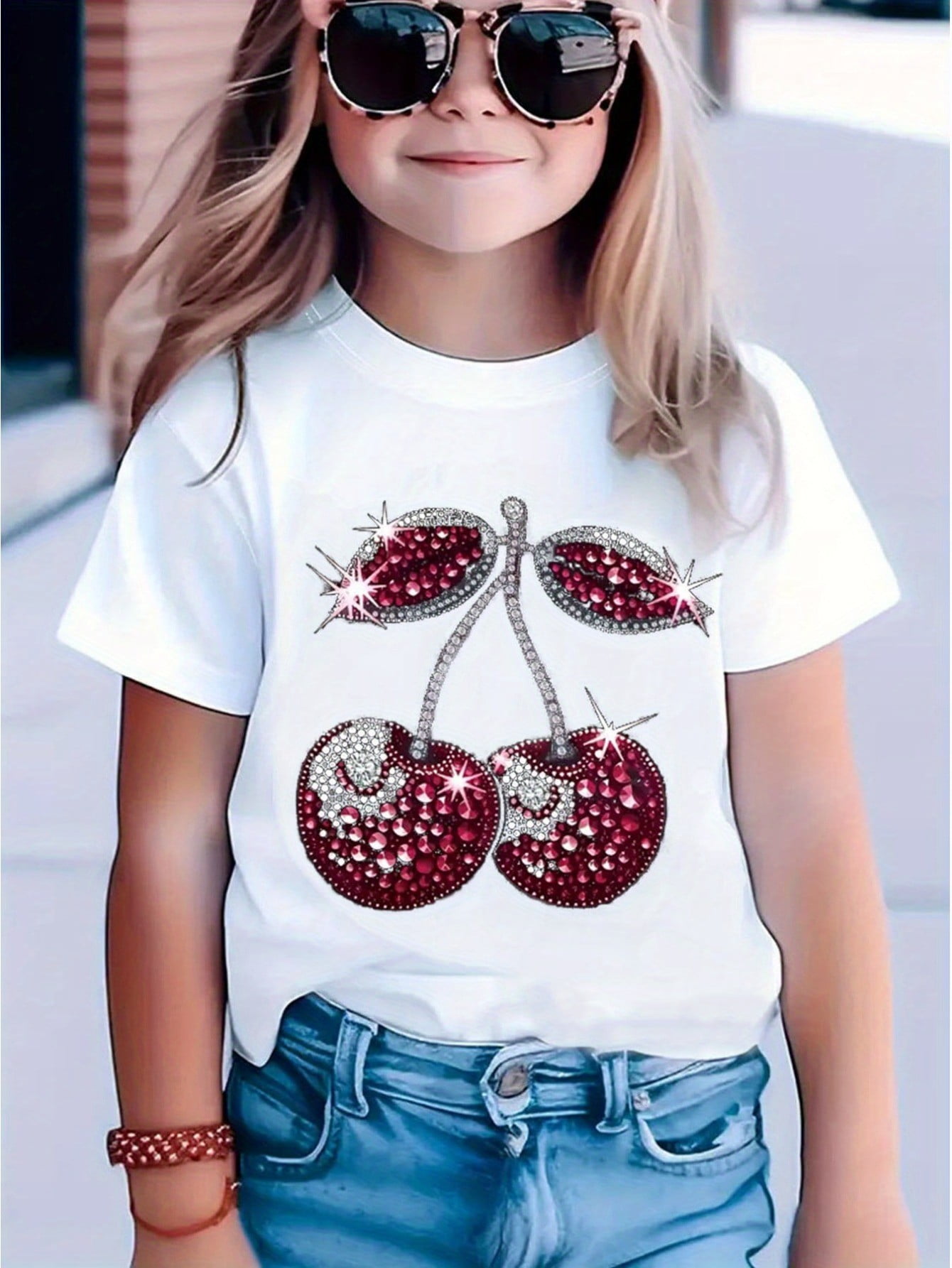 Cherry Graphic T-Shirt for Girls - Short Sleeve Tee with Sparkling ...