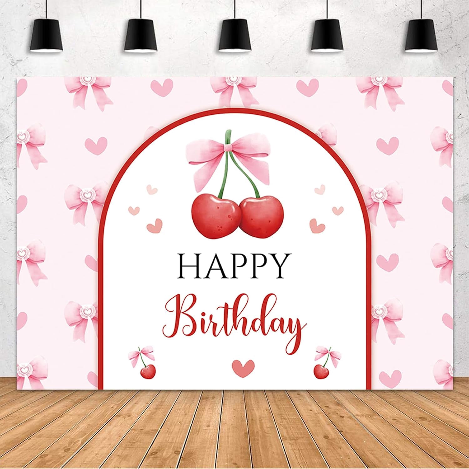 Cherry Happy Birthday Backdrop Watercolor Cherry Bow Birthday Party ...