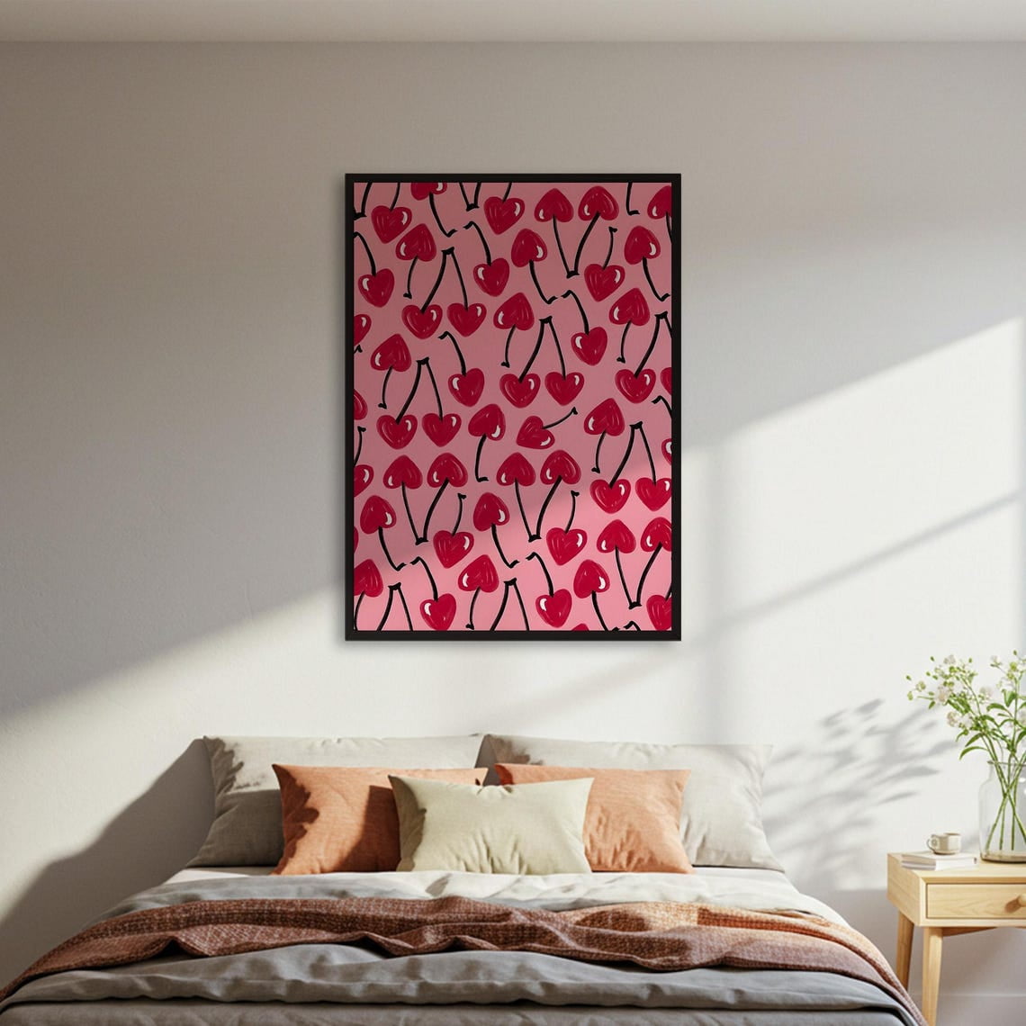 Cherry Heart Pattern Poster, Pink Red Pop Art Poster Print, Cute Fruit ...