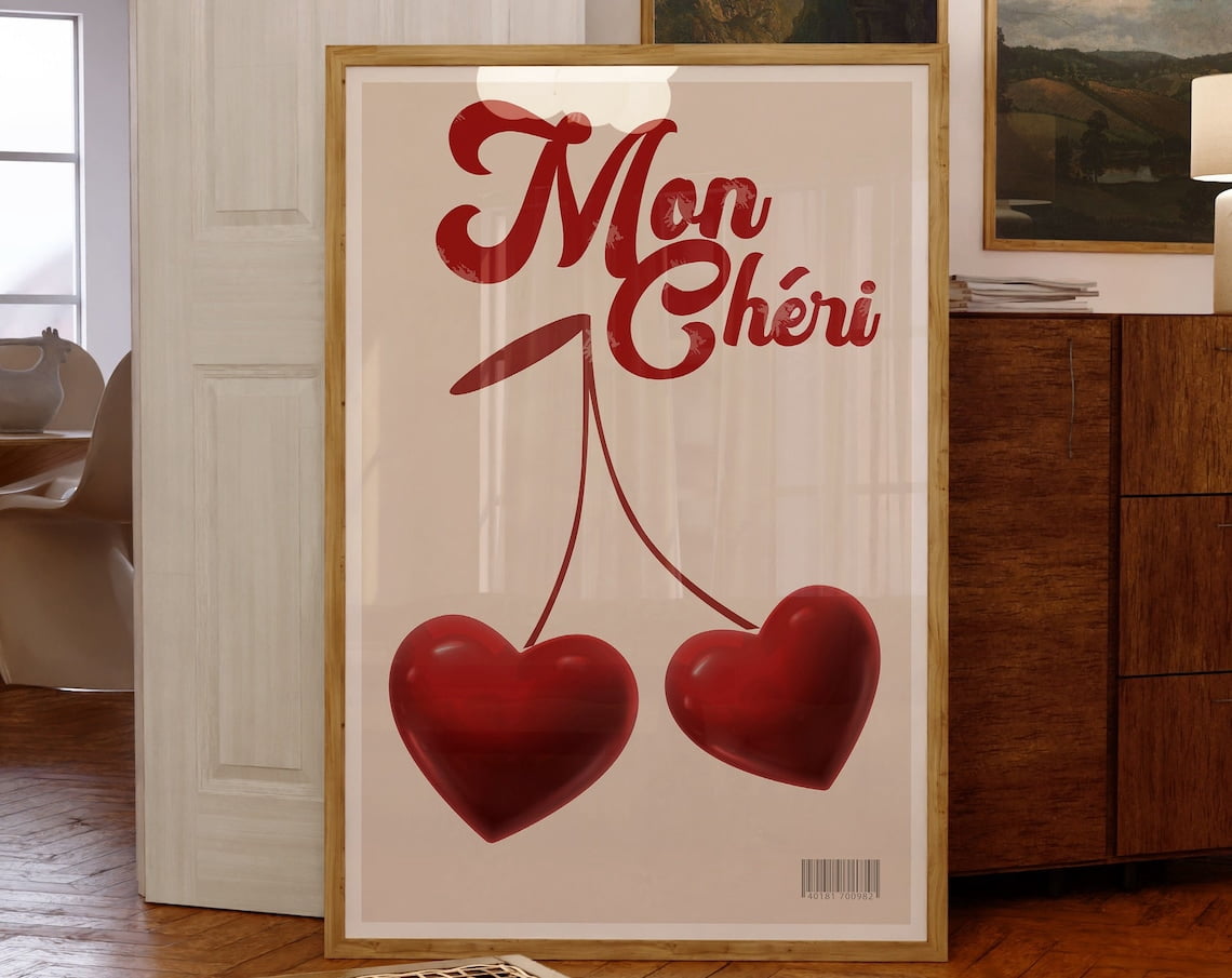 Cherry Hearts Poster Cherries Print Trendy Wall Art Retro Print Mon ...