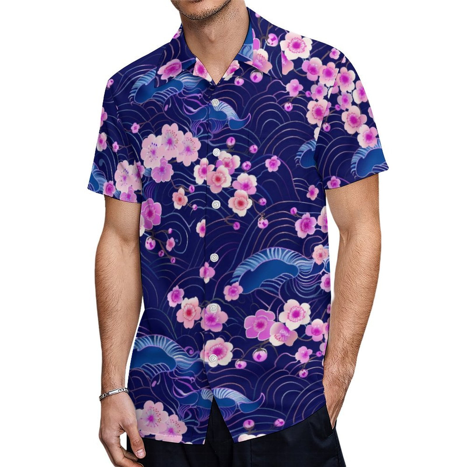 Cherry Japanese Blossoms Waves Mens Hawaiian Shirts Printed Casual ...