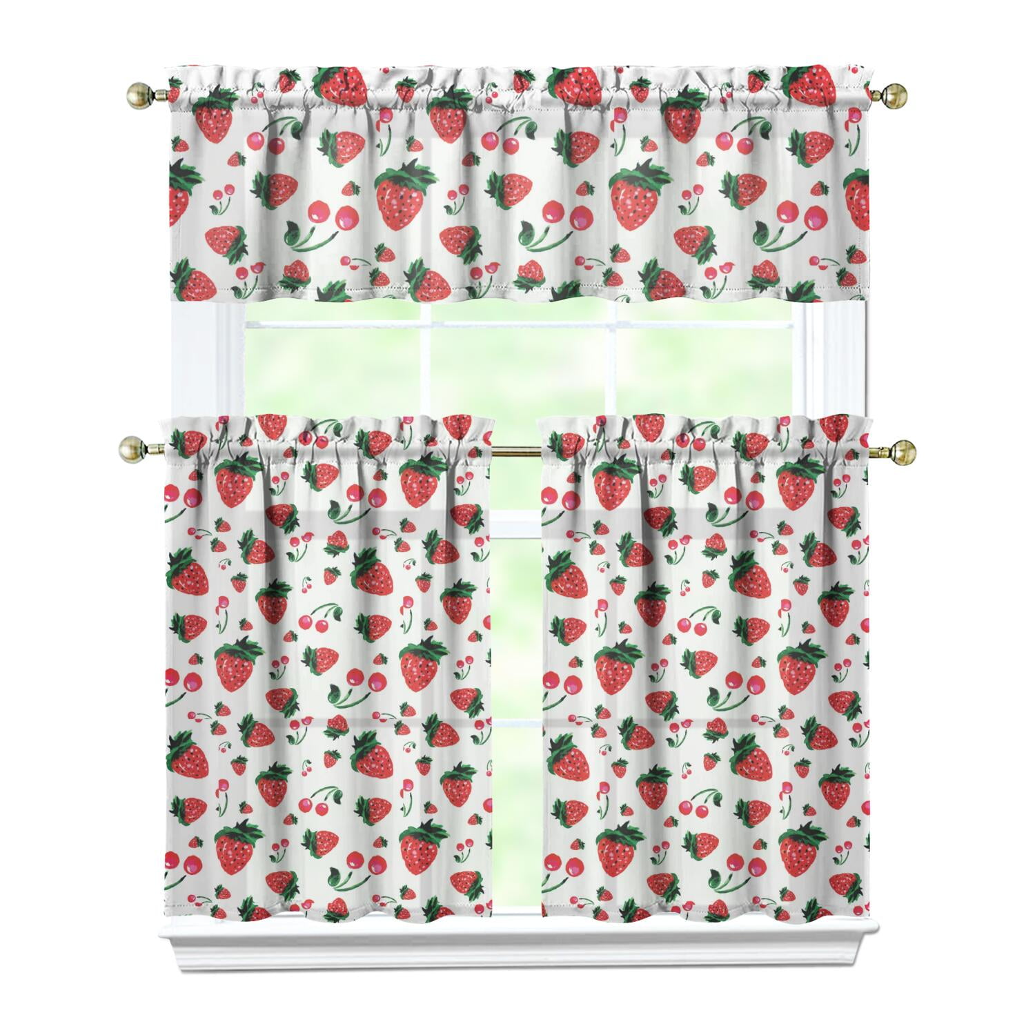 Cherry Kitchen Curtains Set Tier and Valance, Cute Sweet Red and Pink ...