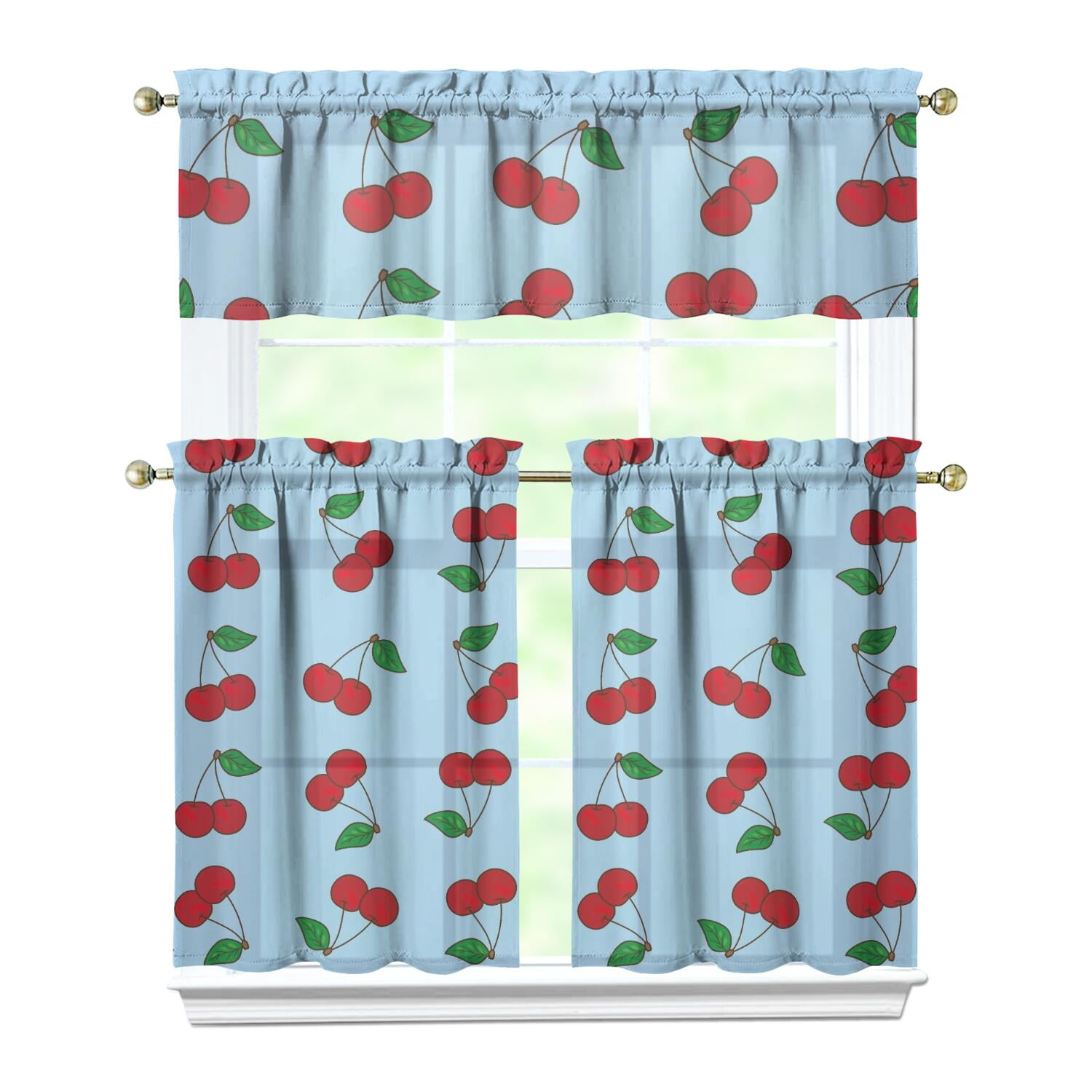 Cherry Kitchen Curtains Set Tier and Valance, Cute Sweet Red and Pink ...
