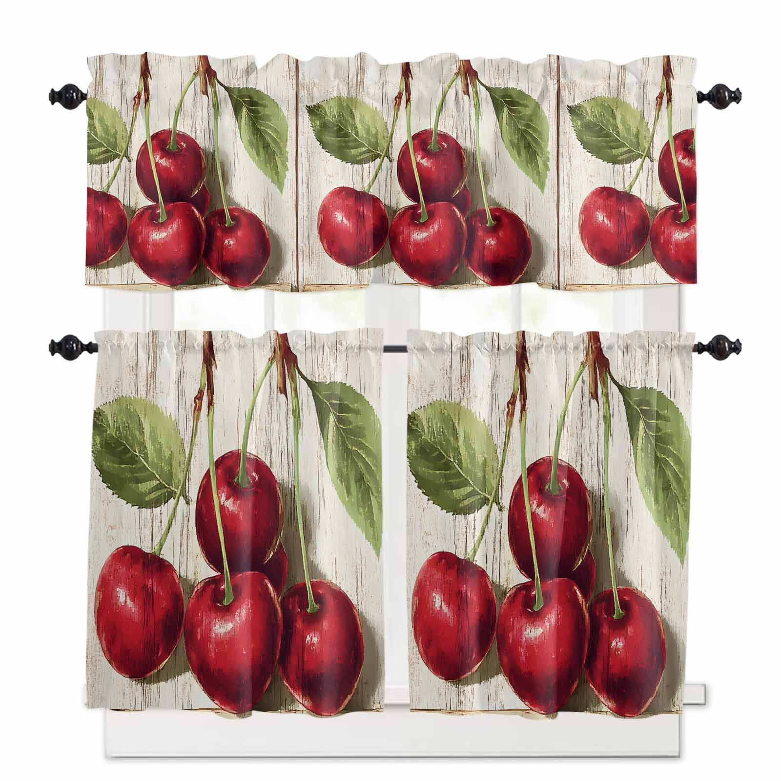 Cherry Kitchen Curtains Valances and Tiers Set of 3, 36 Inch Length ...