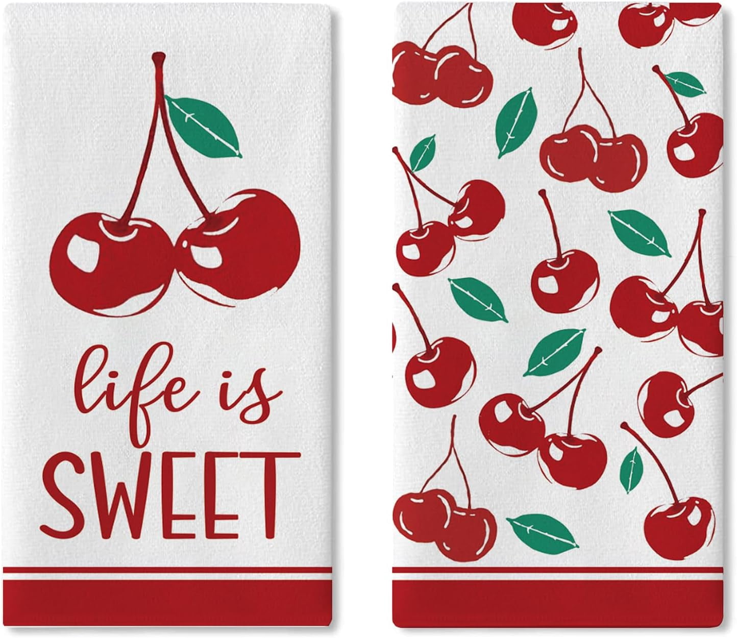 Cherry Kitchen Dish Towels Set of 2, Life is Sweet Red Fruit Drying ...