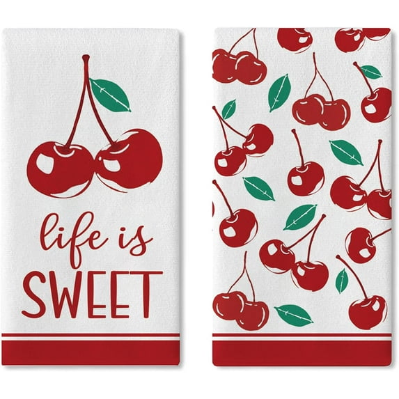 Cherry Kitchen Dish Towels Set of 2, Life is Sweet Red Fruit Drying ...