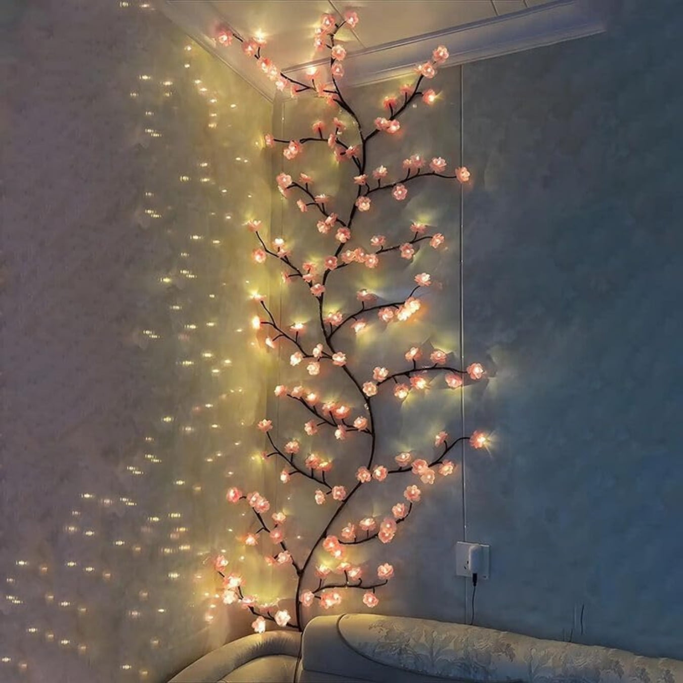 Cherry LED Tree Branch Lights for Wall, Cherry Blossom Willow Vine Twig Decor Garland with 48 ...