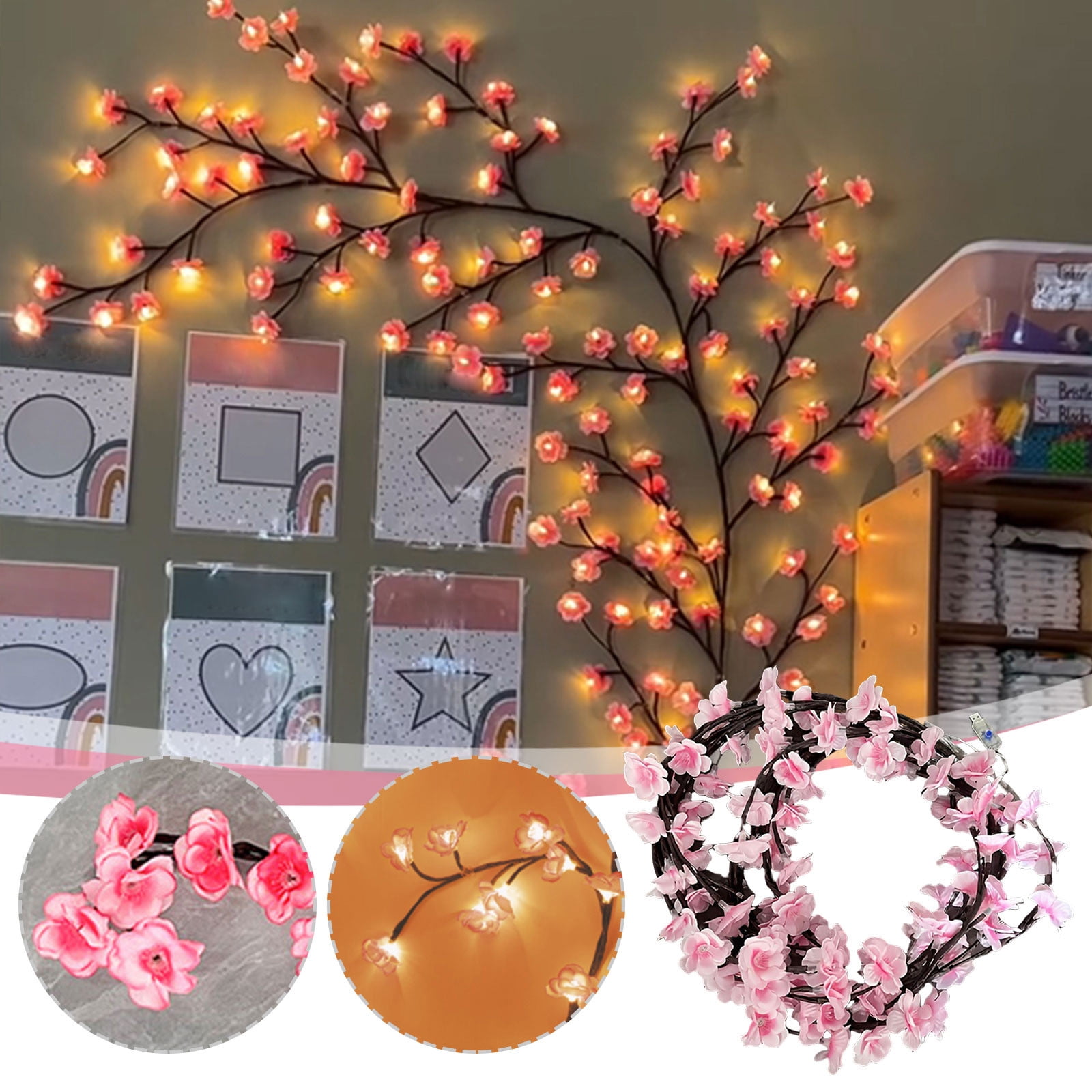 Cherry LED Tree Branch Lights for Wall, Cherry Blossom Willow Vine Twig Decor Garland with 48 ...