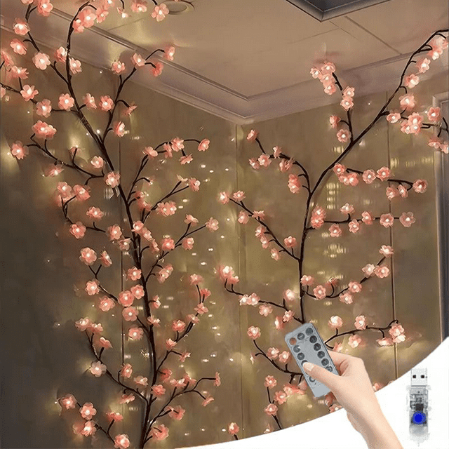 Cherry LED Tree Branch Lights for Wall, Cherry Blossom Willow Vine Twig Decor Garland with ...