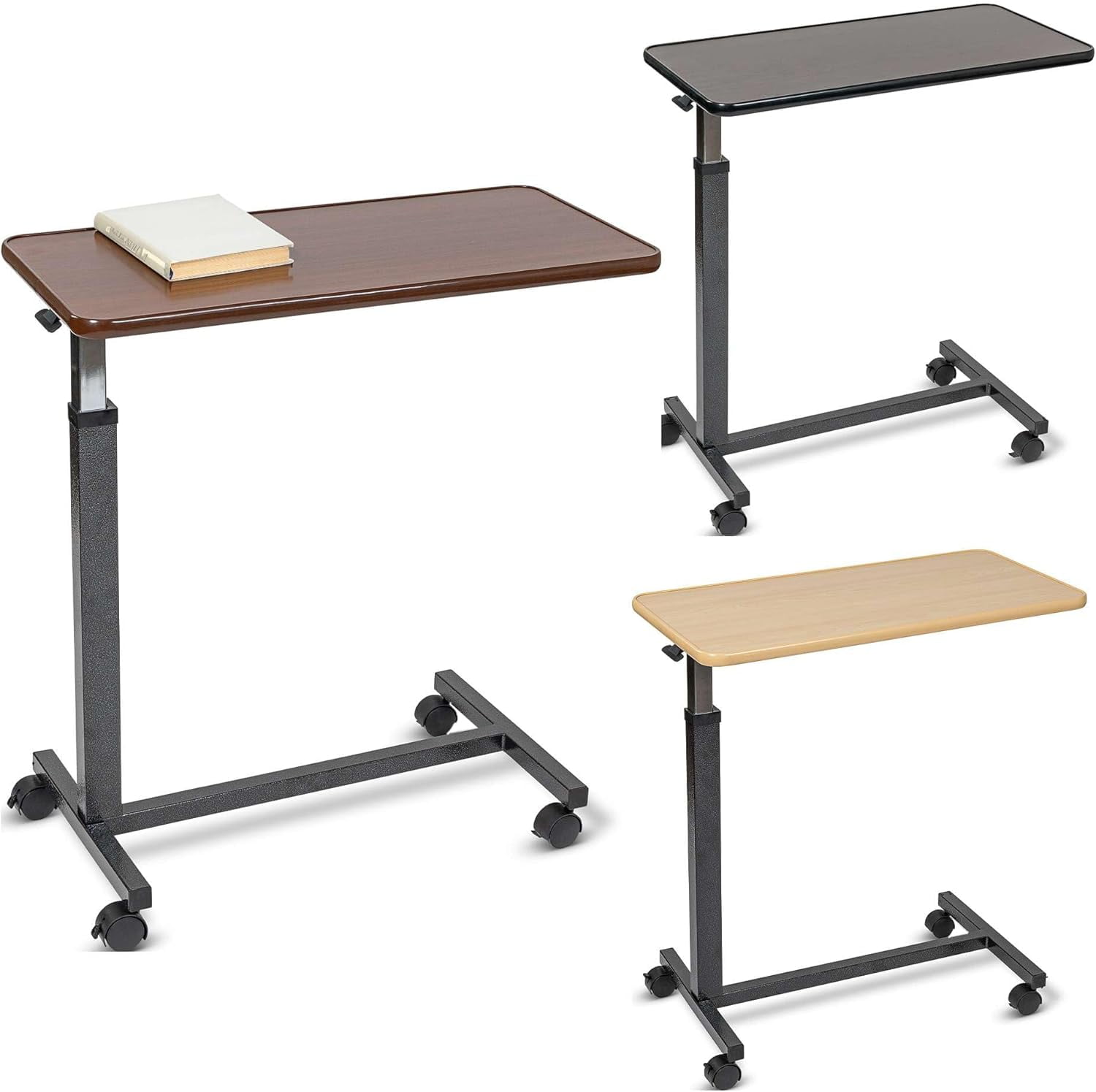 Cherry Overbed Table with Wheels - Over Bed Table with Wheels, Adjustable Height, and Wood Top ...