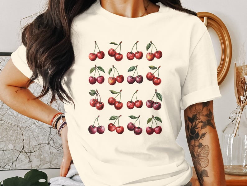 Cherry Pattern T-Shirts, Foodie Gift, Plant Lover, Cottagecore, Summer ...