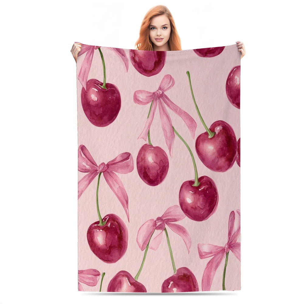 Cherry Pink Bow Delight Lightweight Flannel Printed Blanket - Ultra ...