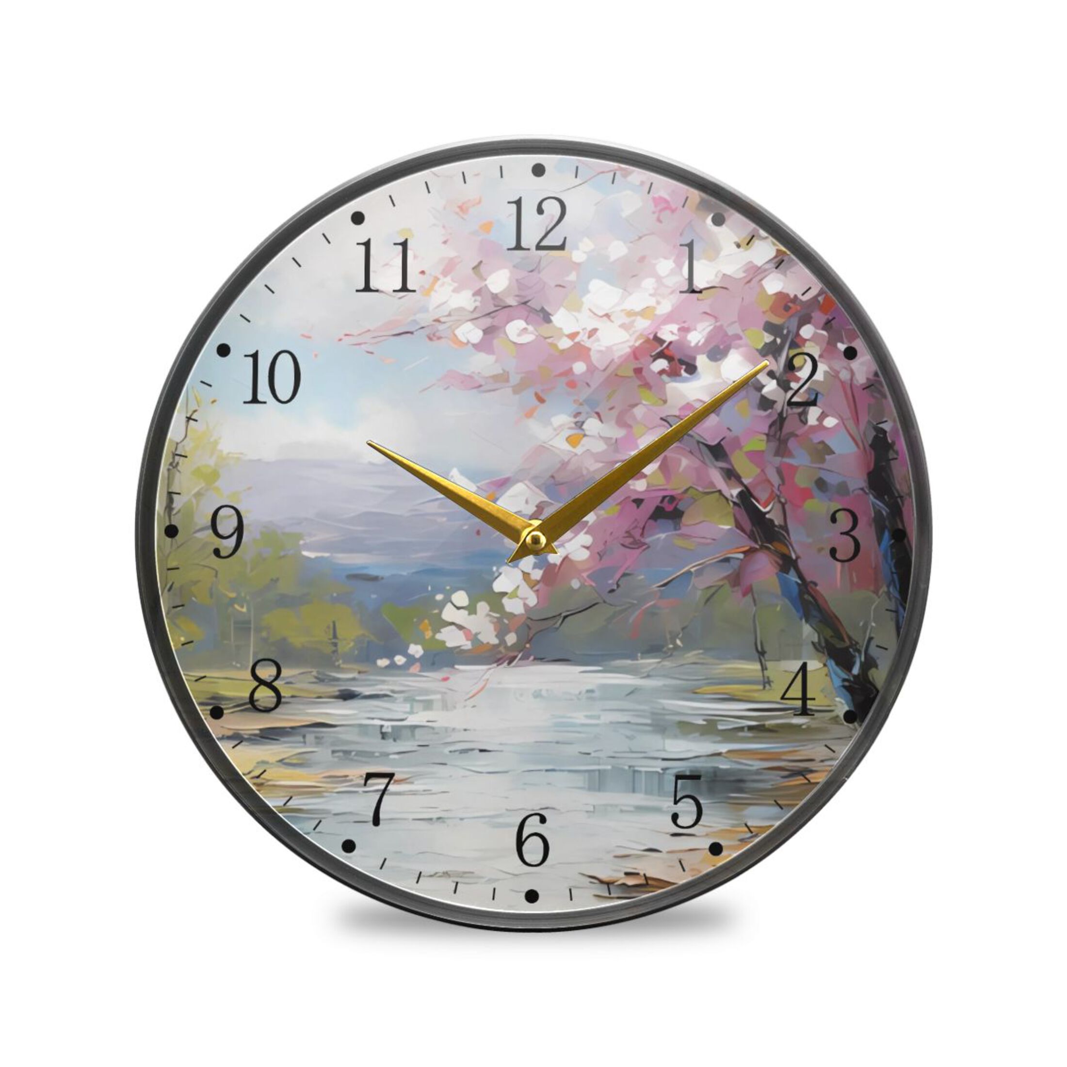 Cherry Pink Green Trees Acrylic Wall Clocks Quiet Round Clock Battery ...