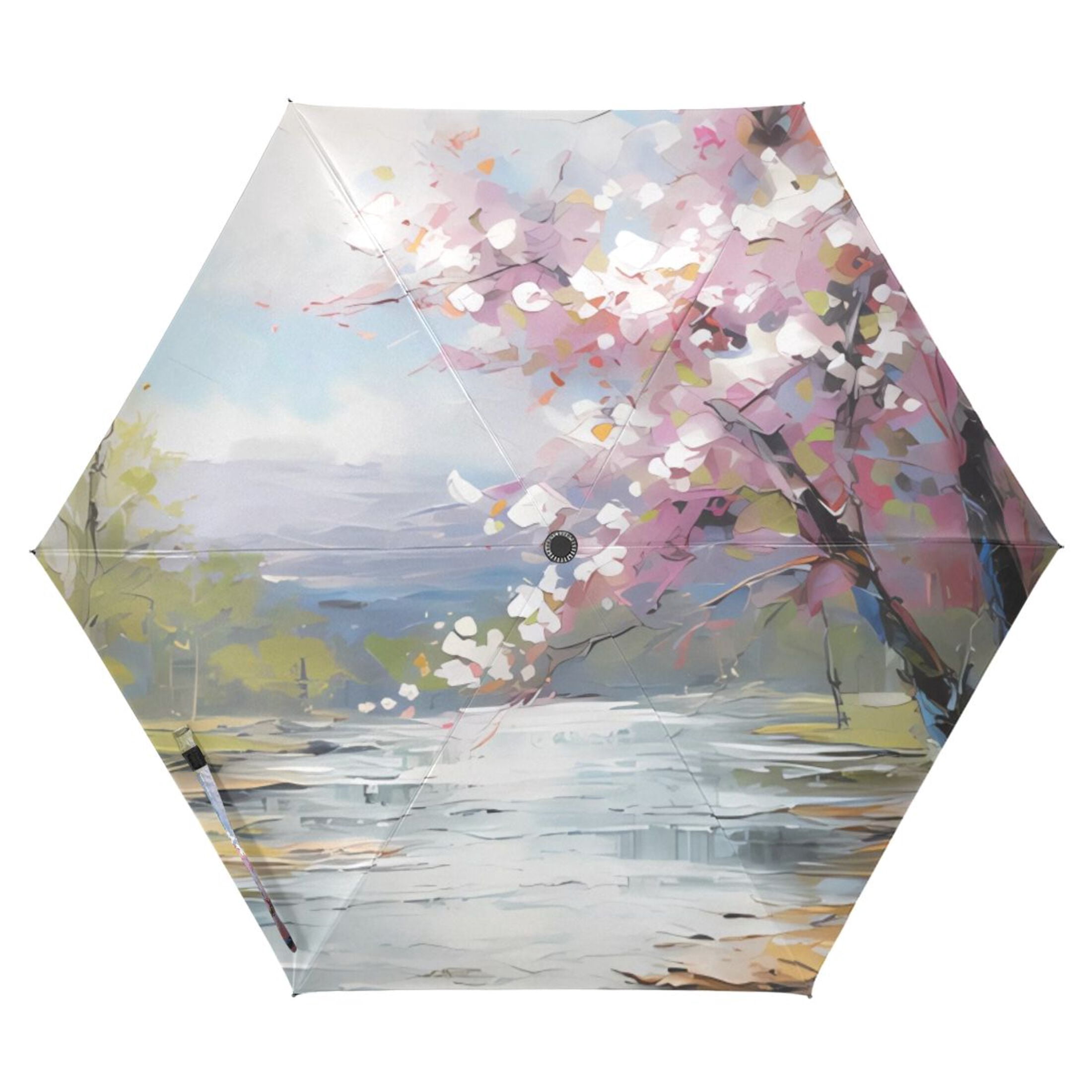 Cherry Pink Green Trees UPF 50+ Compact Folding Umbrella for Rain ...