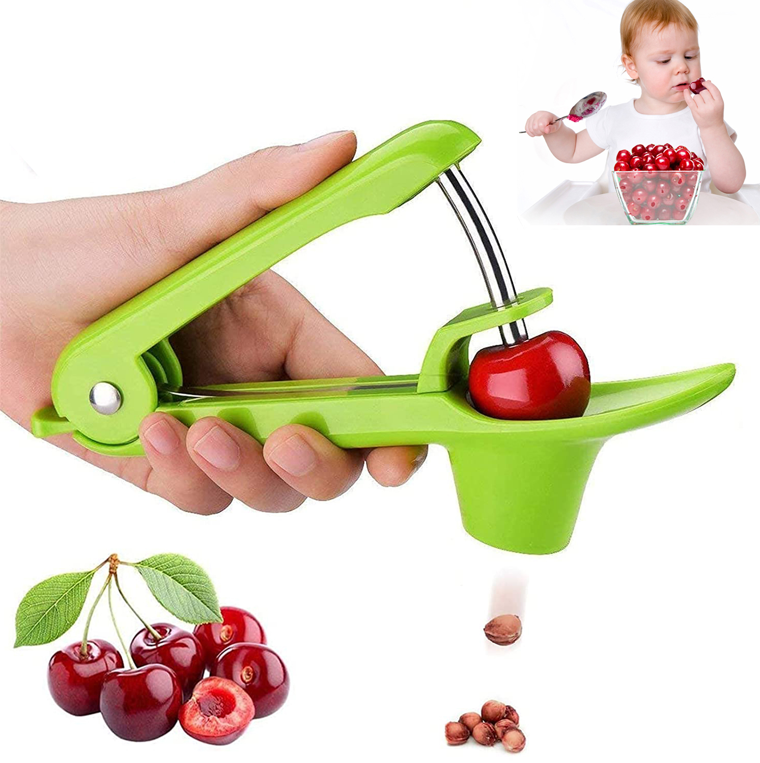 EddHomes Cherry Pitter Remover, Green, Stainless Steel, Space-Saving ...