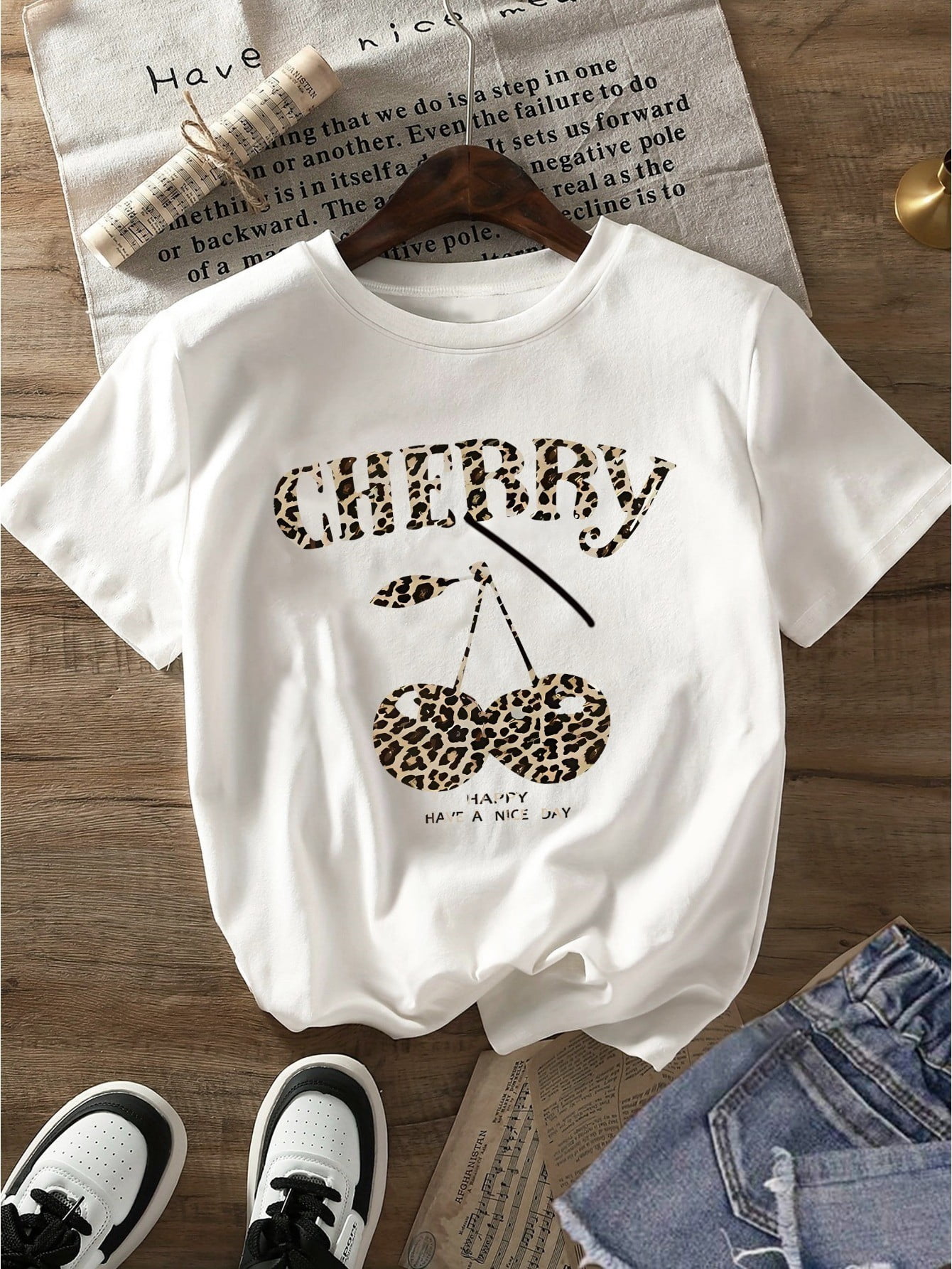 Cherry Print Casual T-Shirt for Women - Crew Neck, Short Sleeve, Summer ...