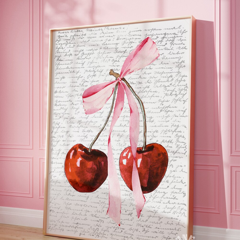 Cherry Print Coquette Pink Bow Soft Girl Bedroom Decor Feminine Poster ...