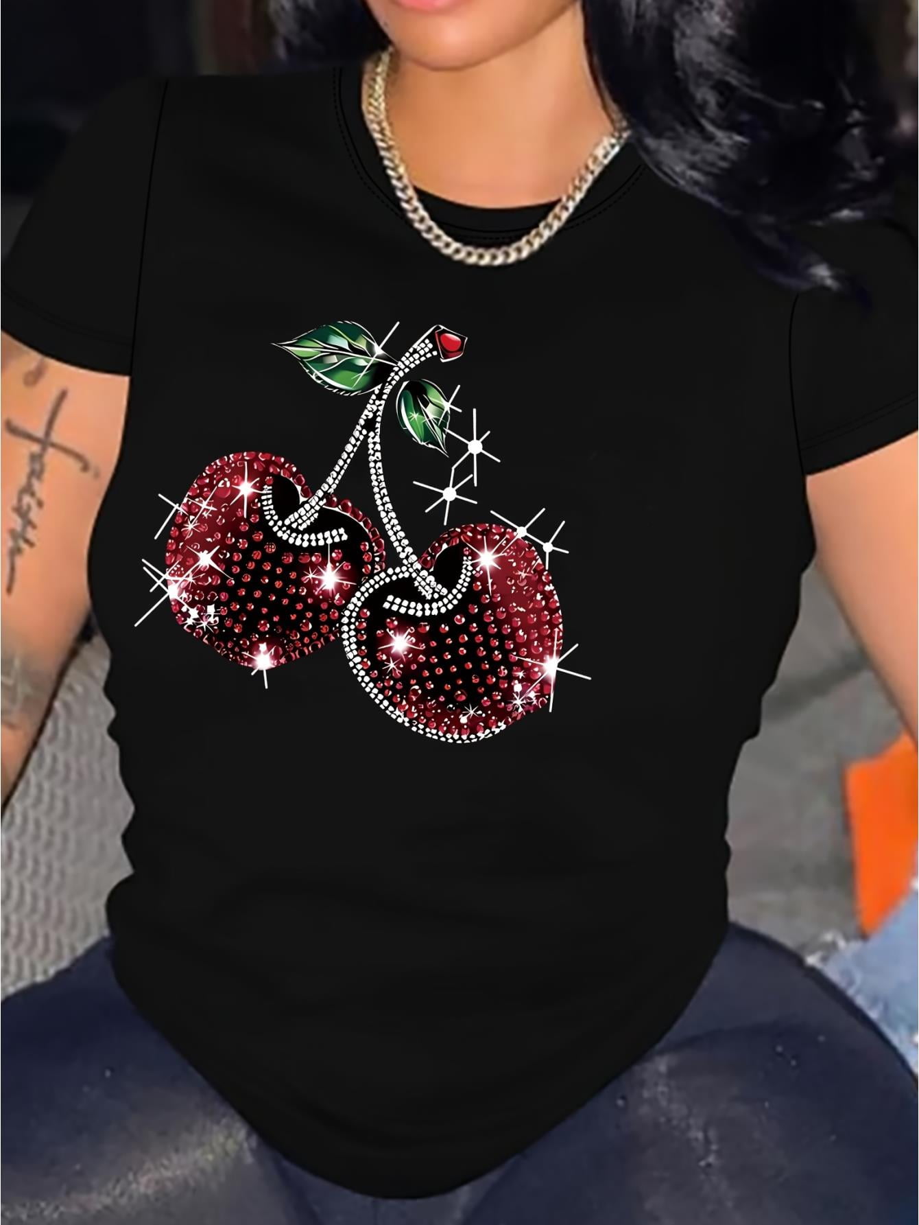 Cherry Print Crew Neck T-shirt, Casual Short Sleeve Top for Spring ...