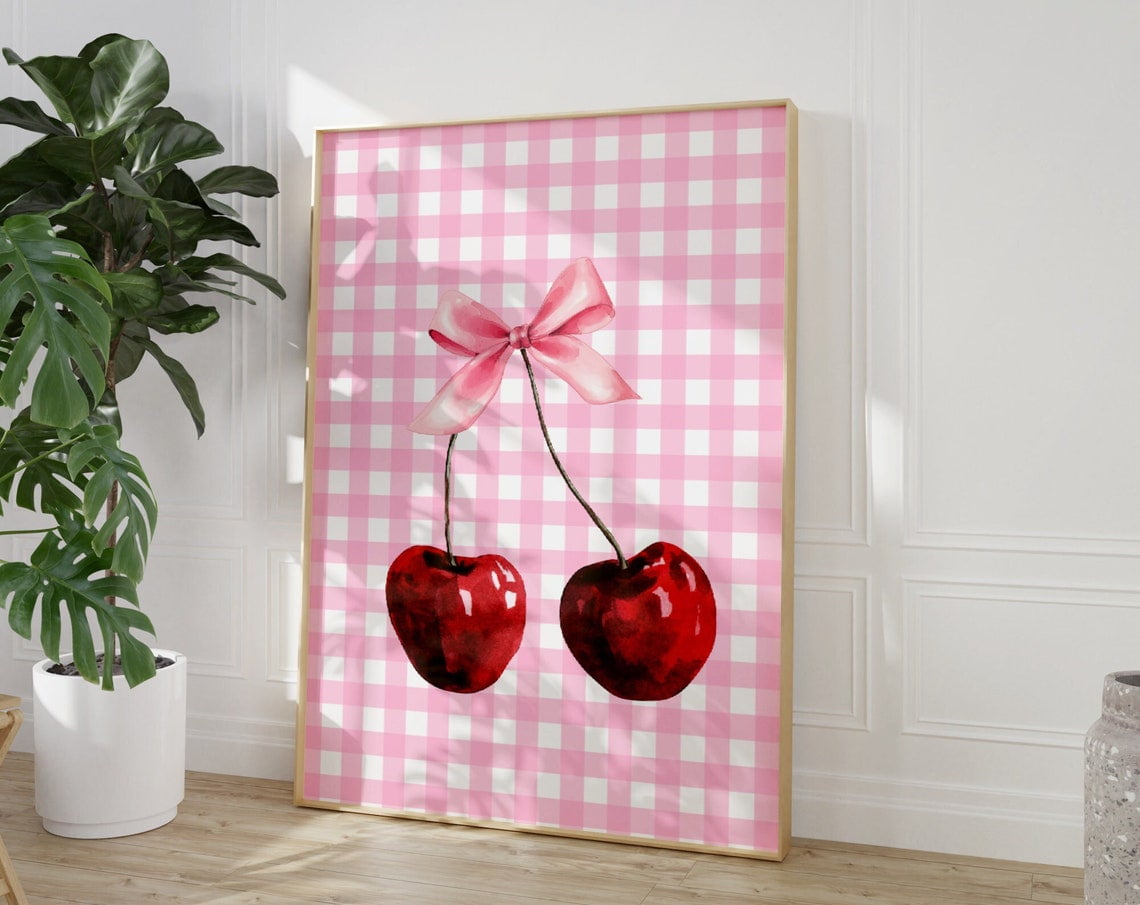 Cherry Print, Pink Checkered Wall Art, Cherries Wall Art, Pink Checker ...