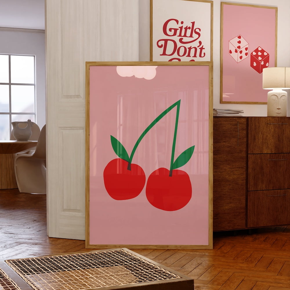 Cherry Print, Retro Trendy Wall Art, Pink Poster UNFRAMED PAPER POSTER ...