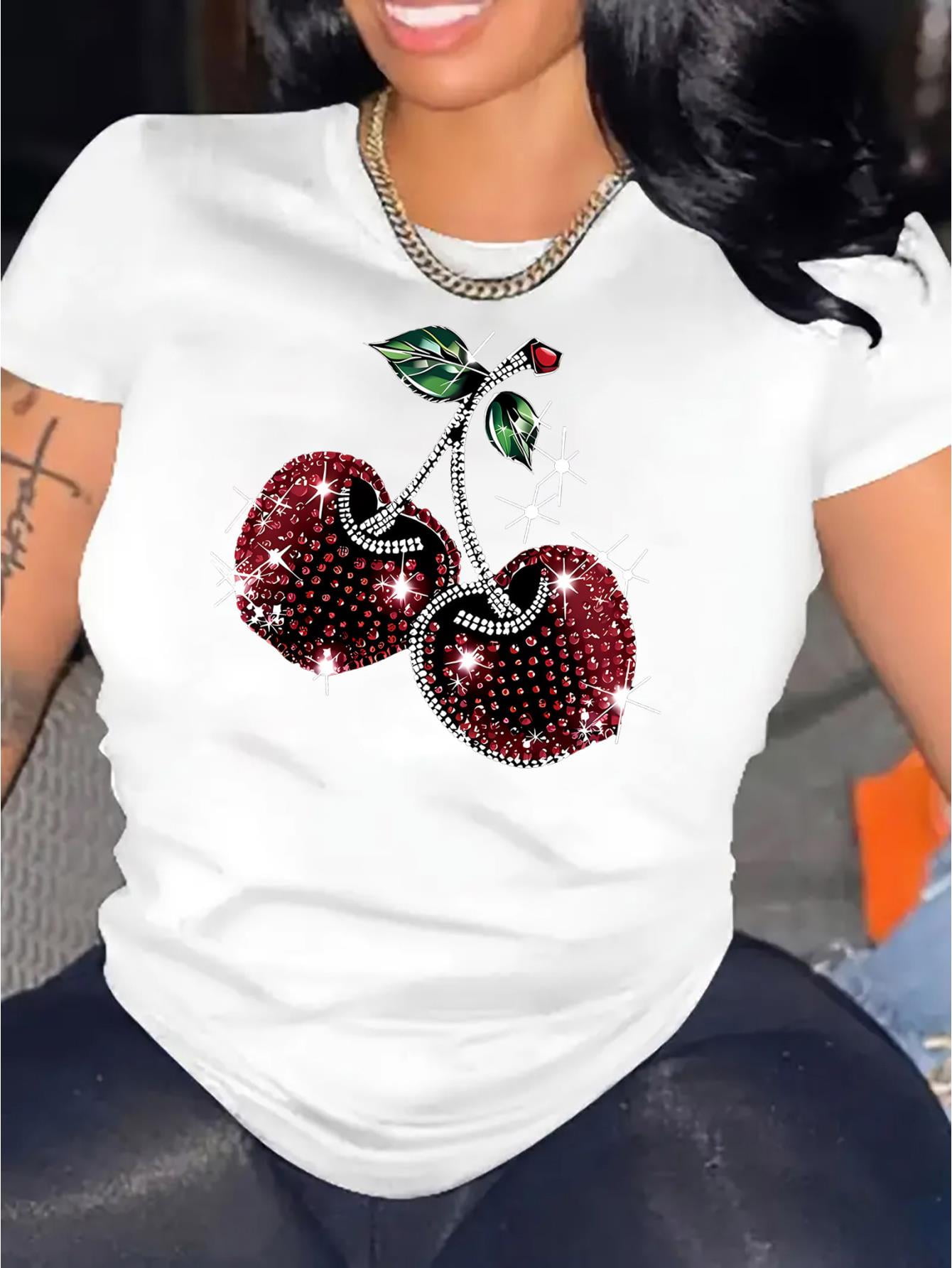 Cherry Print Short-Sleeve T-Shirt - Casual Crew Neck Tee with Medium ...