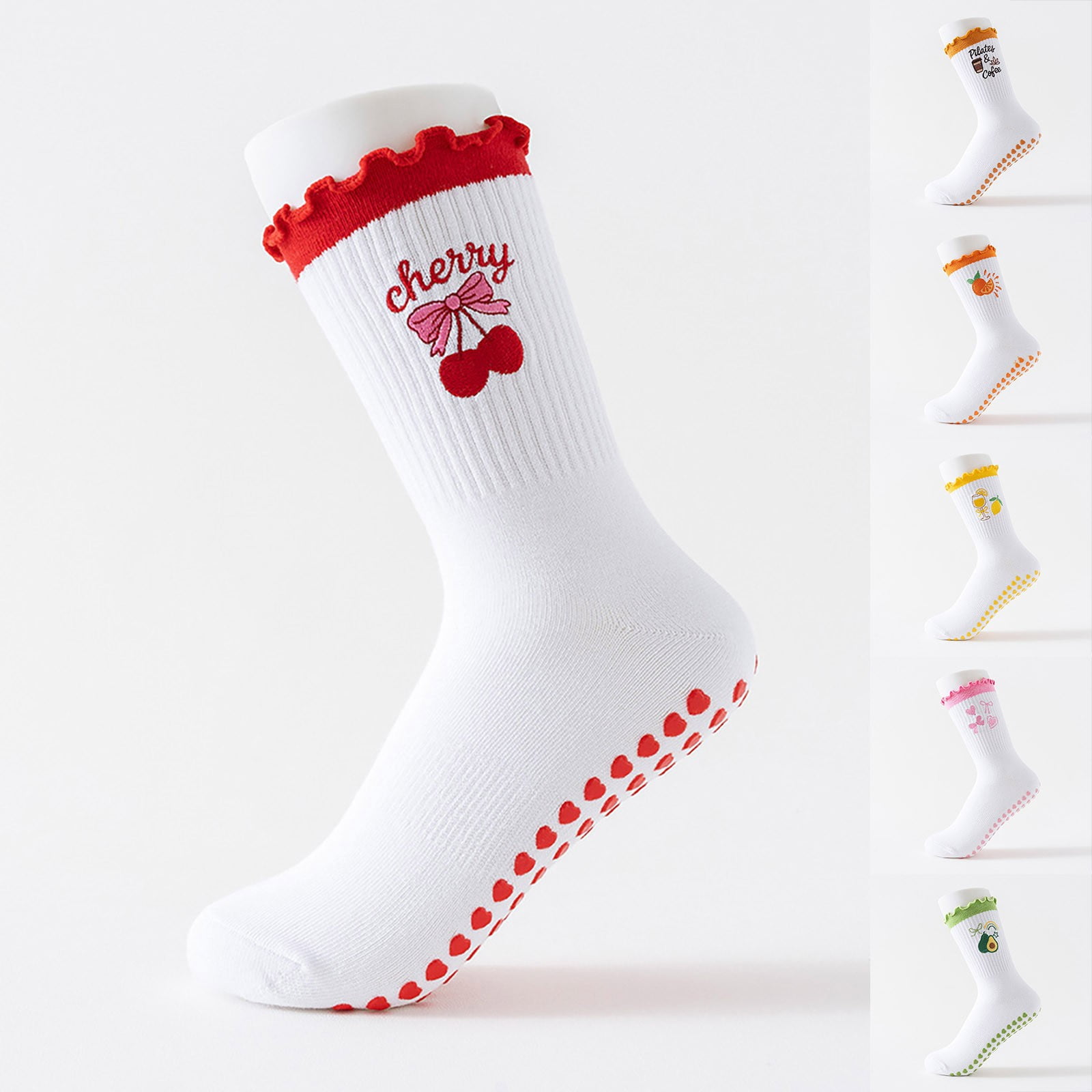 Cherry Print Women's Mid Calf Sports Socks With Anti Slip Yoga Socks ...