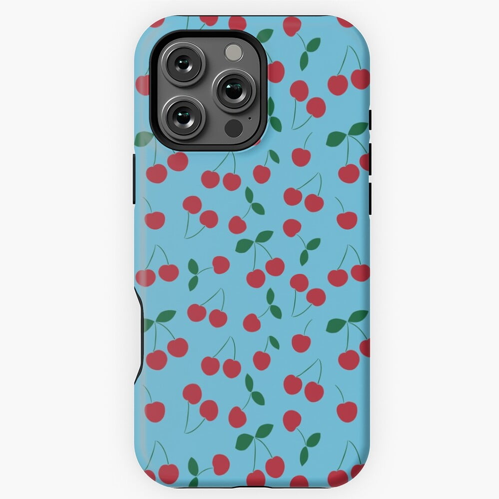 Cherry Print on Turquoise Fruit Phone Case for iPhone 16 15 14 13 12 11 ...