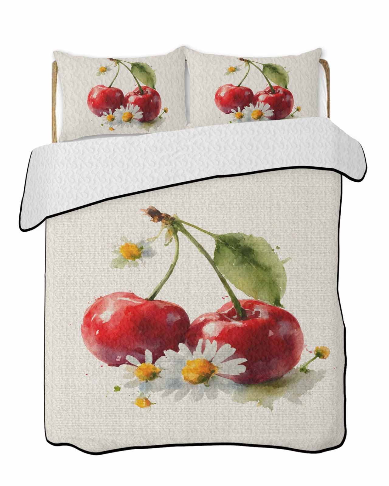 Cherry Quilts Bedding Set Queen Size Oil Painting Fruit Farmhouse Daisy ...