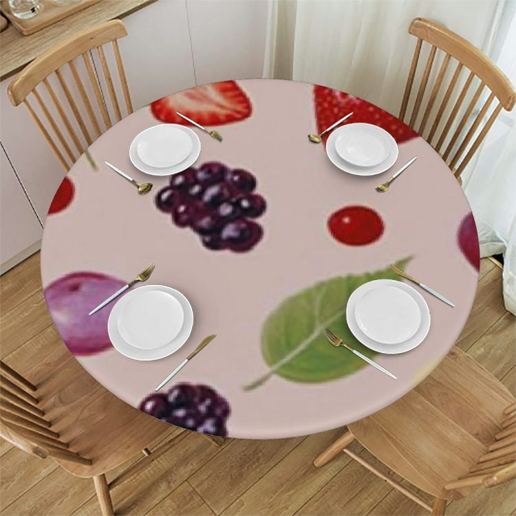 Cherry Raspberry Strawberry Blueberry Round Fitted Tablecloth, Fruit Pattern Elastic Tablecloth ...