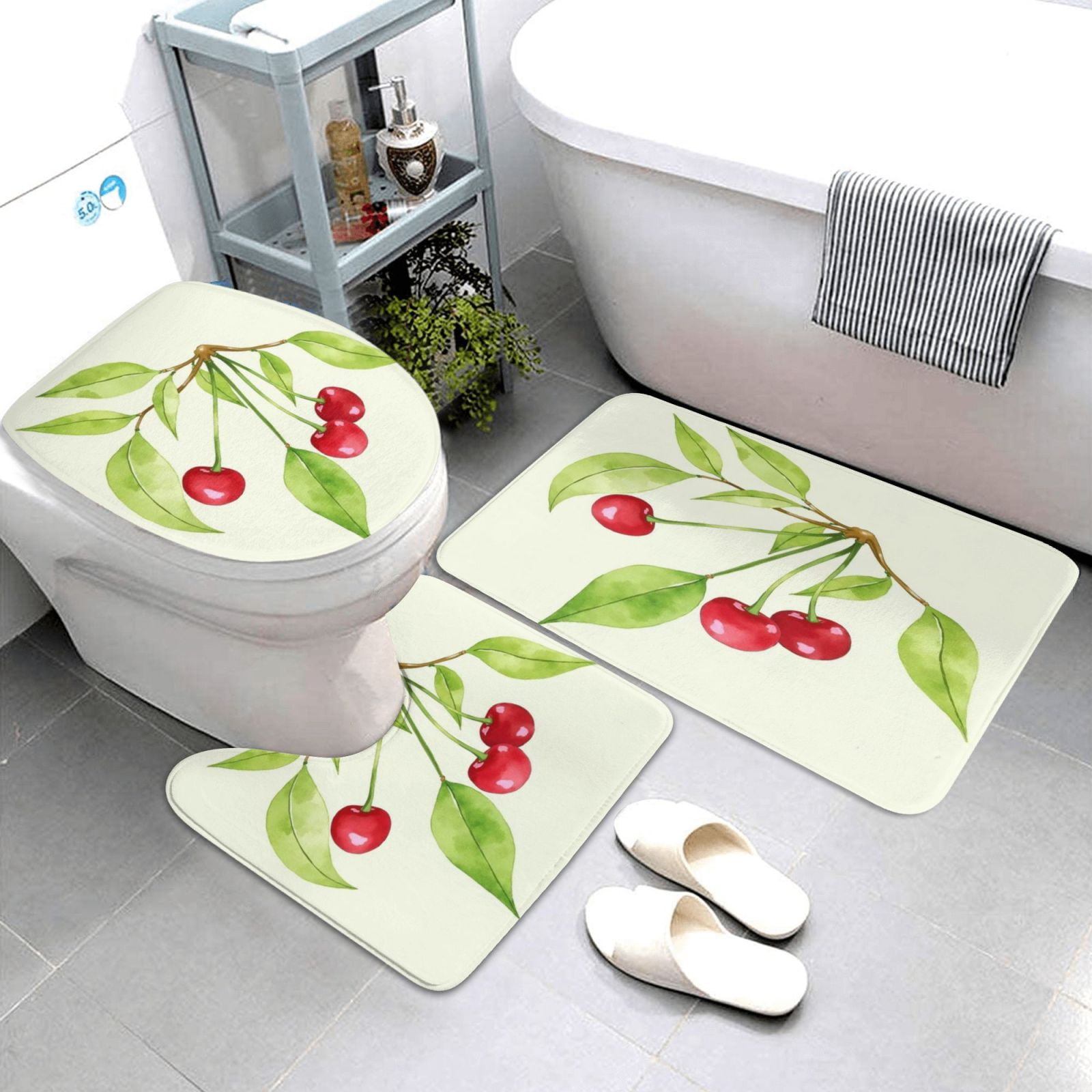 Cherry Red Berries Leaves Bath Mat Set 3 Piece Non Slip Rug Toilet Lid ...
