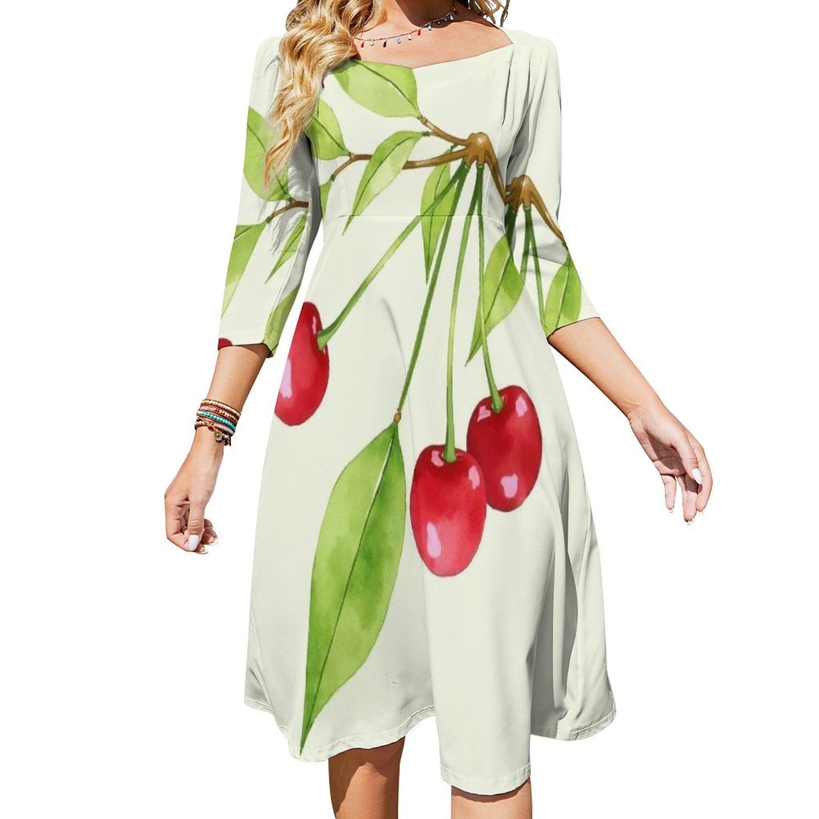 Cherry Red Berries Leaves Dress Summer Dresses Woman Street Style Big ...