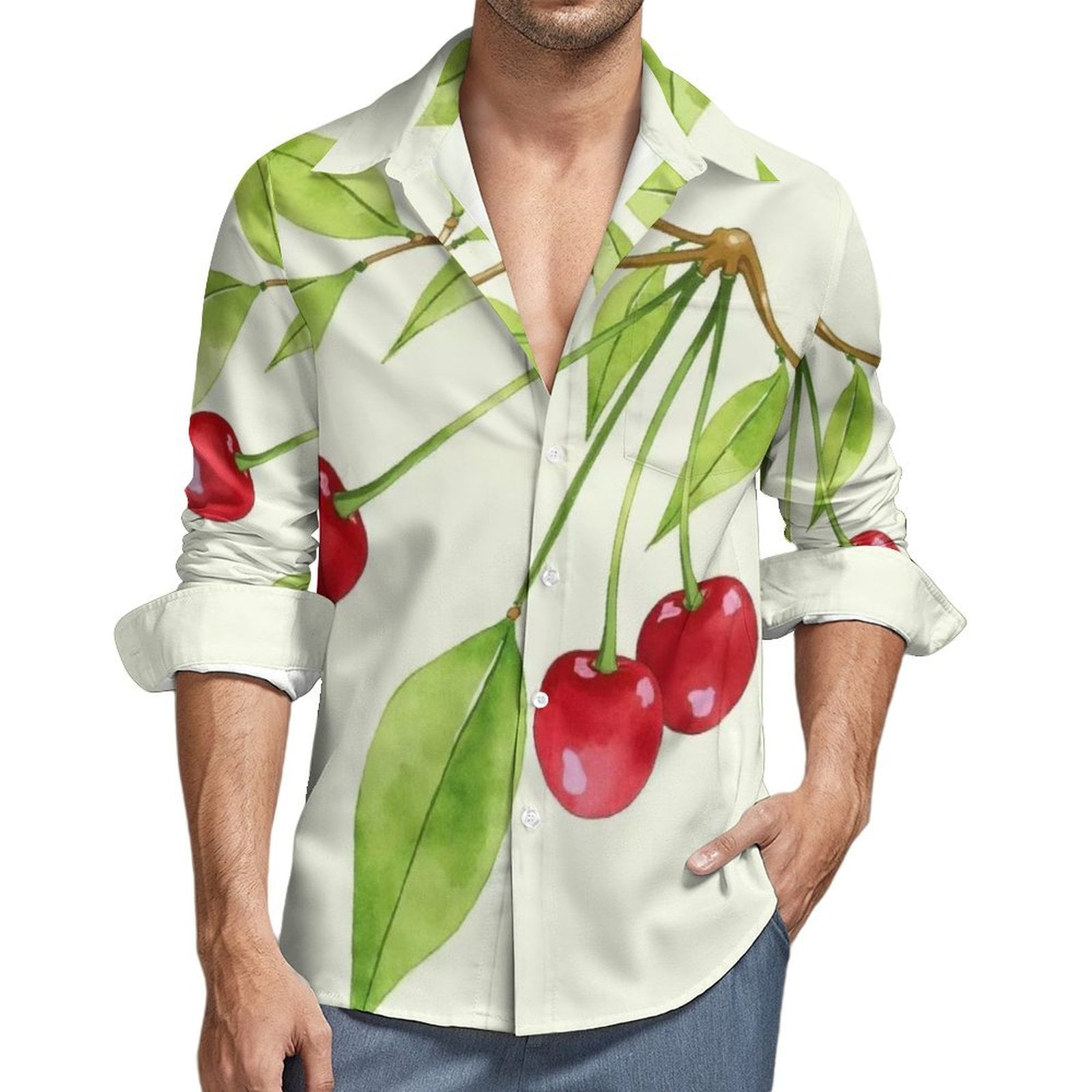 Cherry Red Berries Leaves Hawaiian Shirt for Men Long Sleeve Button ...