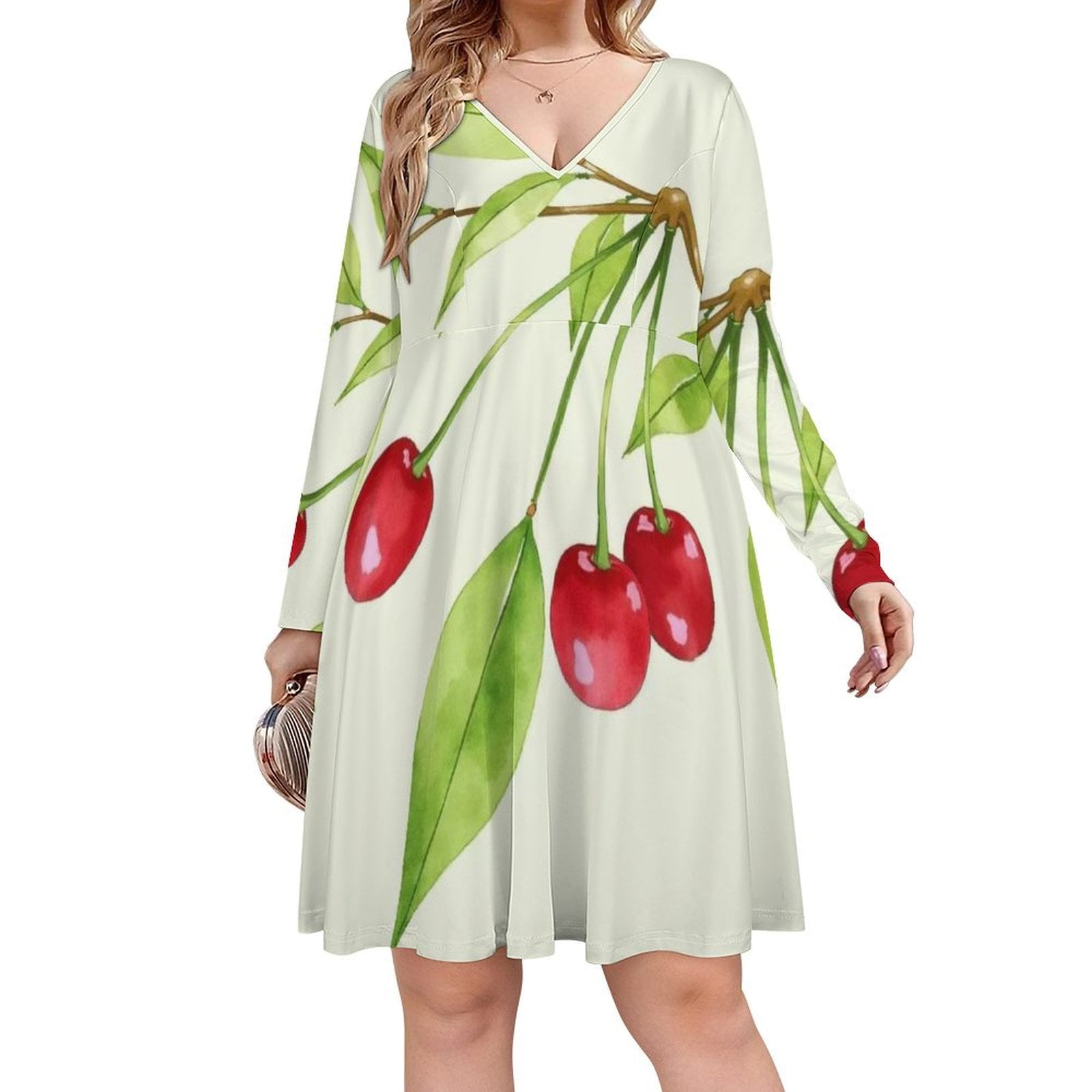Cherry Red Berries Leaves Long Sleeve Dresses For Women Vintage Elegant ...