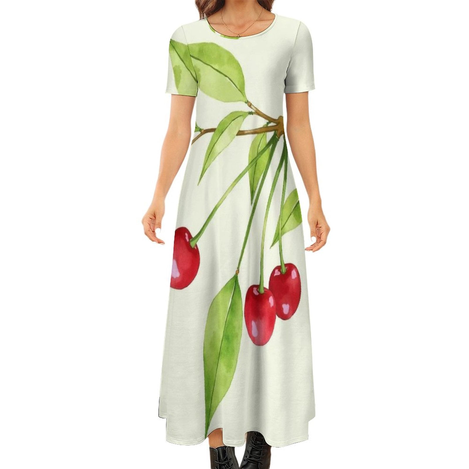 Cherry Red Berries Leaves Maxi Dress for Women Crew Neck Beach Dress ...