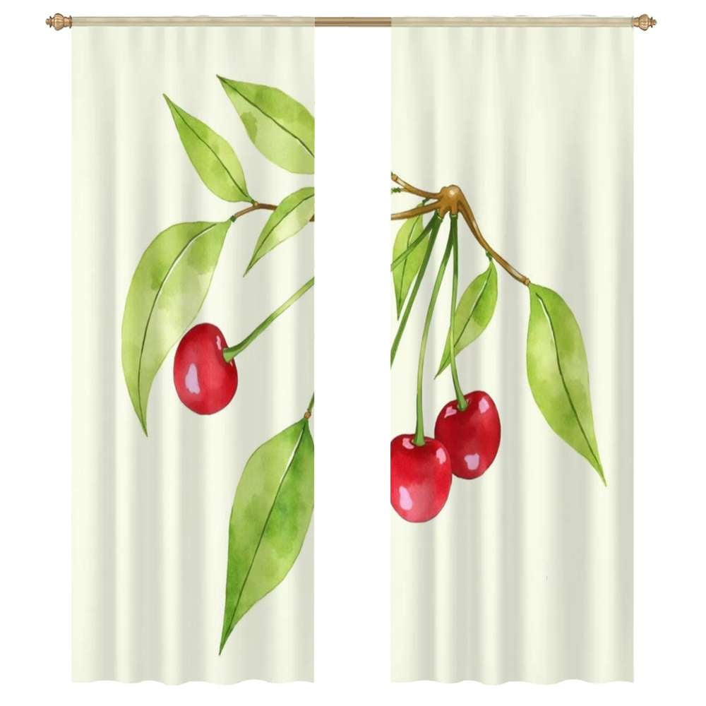 Cherry Red Berries Leaves Sheer Window Curtains for Living Room Kitchen ...