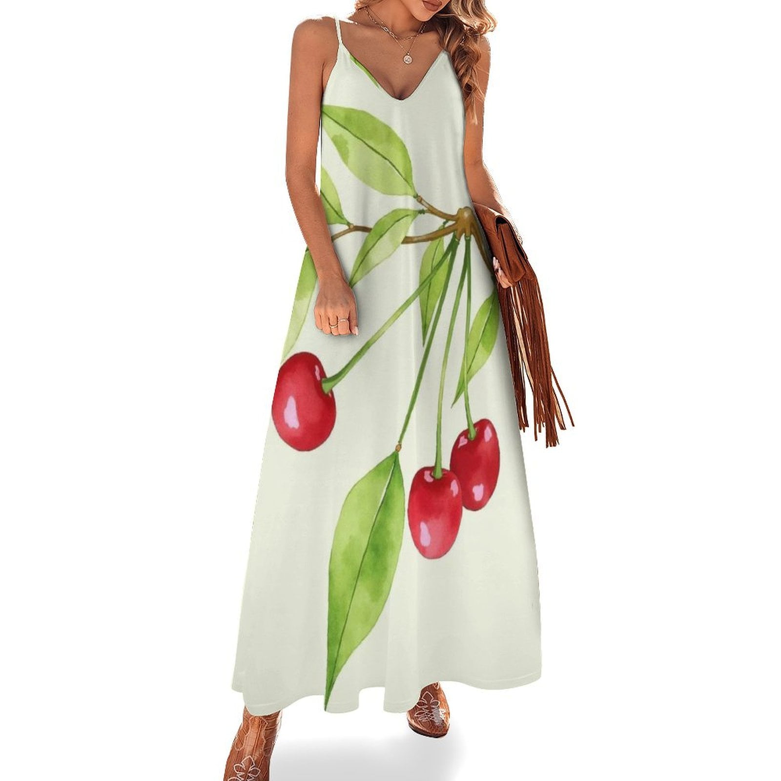 Cherry Red Berries Leaves Sleeveless Dress Women's Evening Dress Womans ...