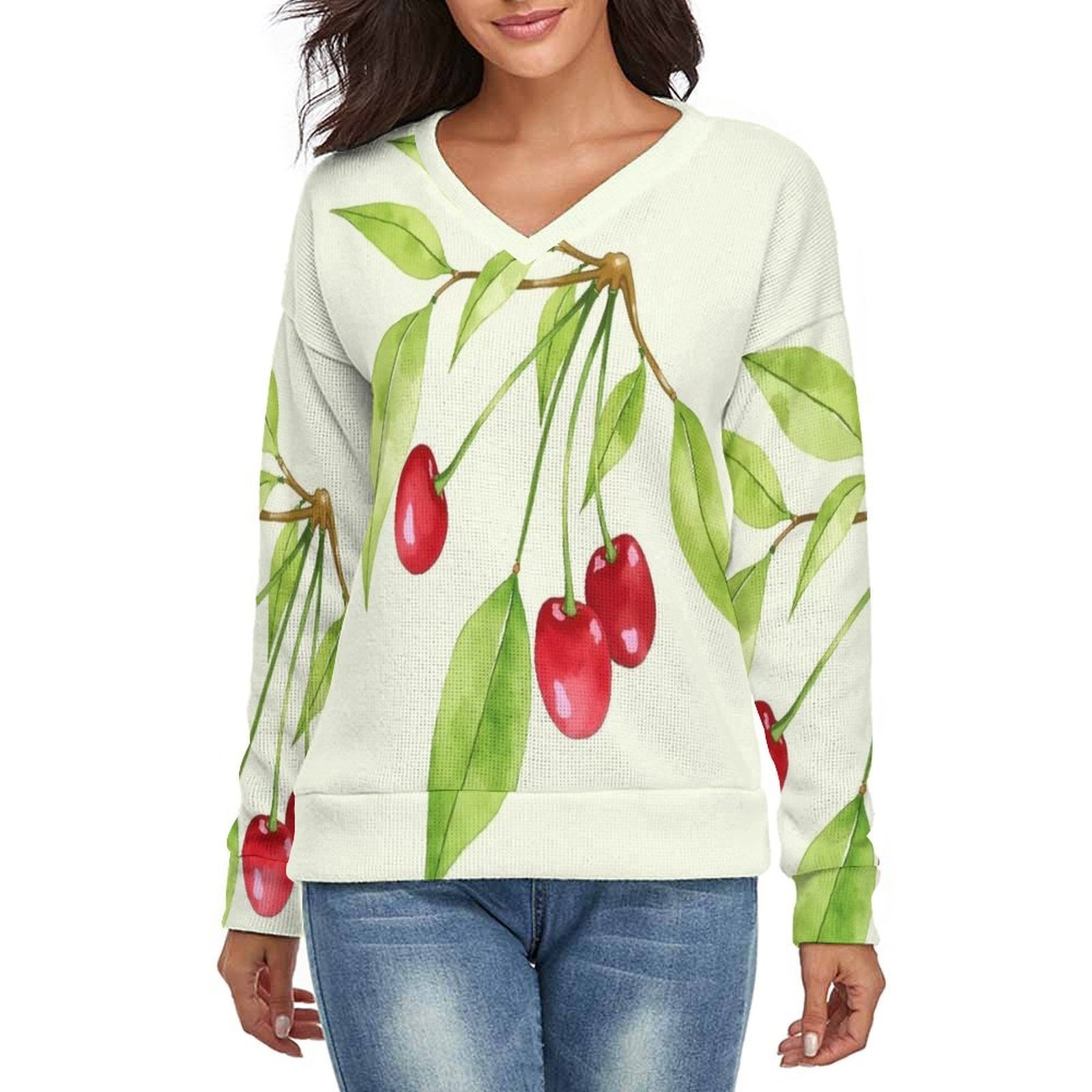 Cherry Red Berries Leaves V-neck Sweater Winter Clothes Long Sleeve ...
