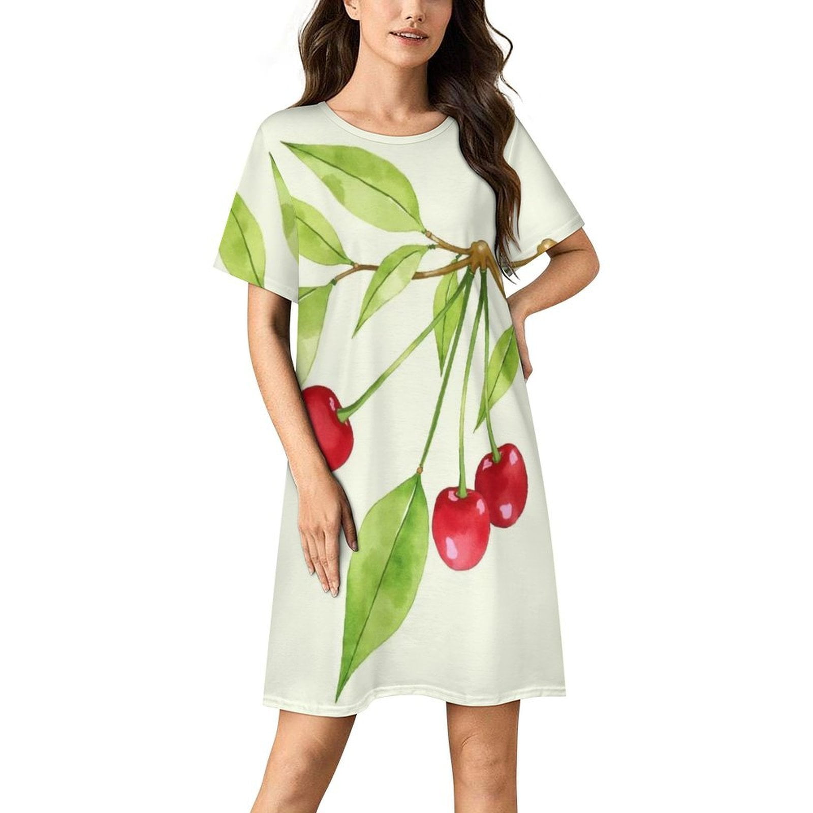 Cherry Red Berries Leaves Women Nightgown Sleepwear Short Sleeves For ...