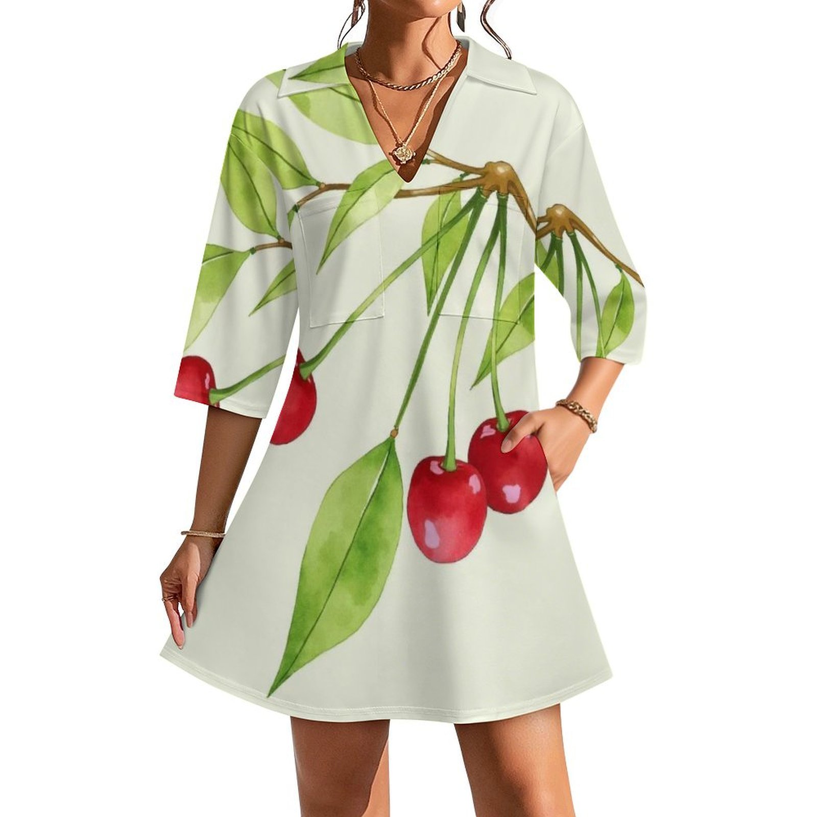 Cherry Red Berries Leaves Womens Dress With Pockets Summer V Neck 3/4 ...