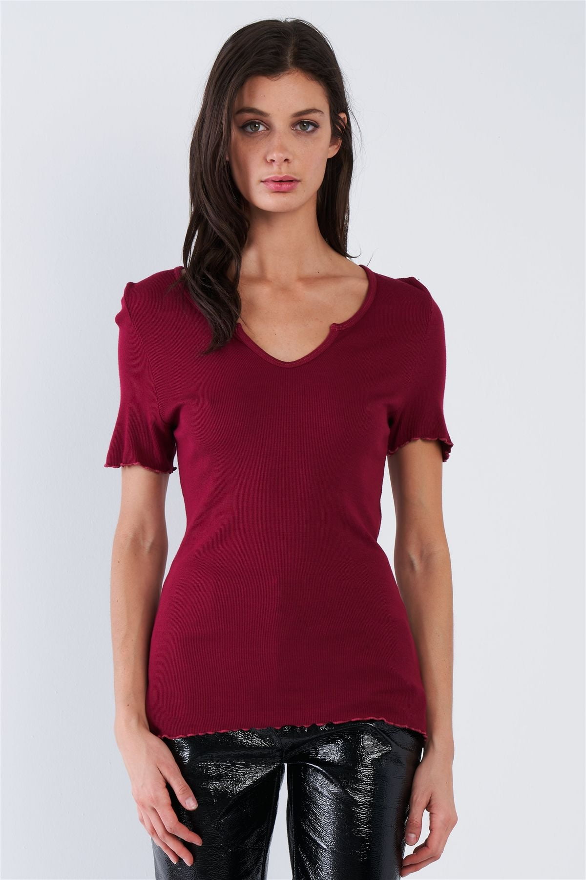 Cherry Red Ribbed V-neck Top - Walmart.com