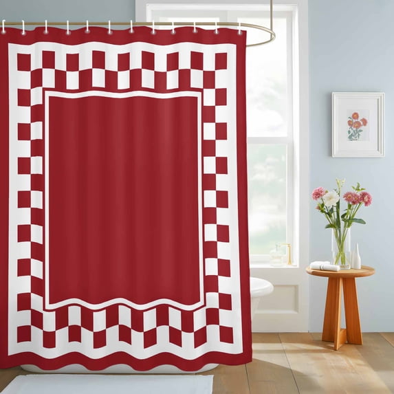 Cherry Red Square Shower Curtain, Graphic Retro Red White Checkered ...